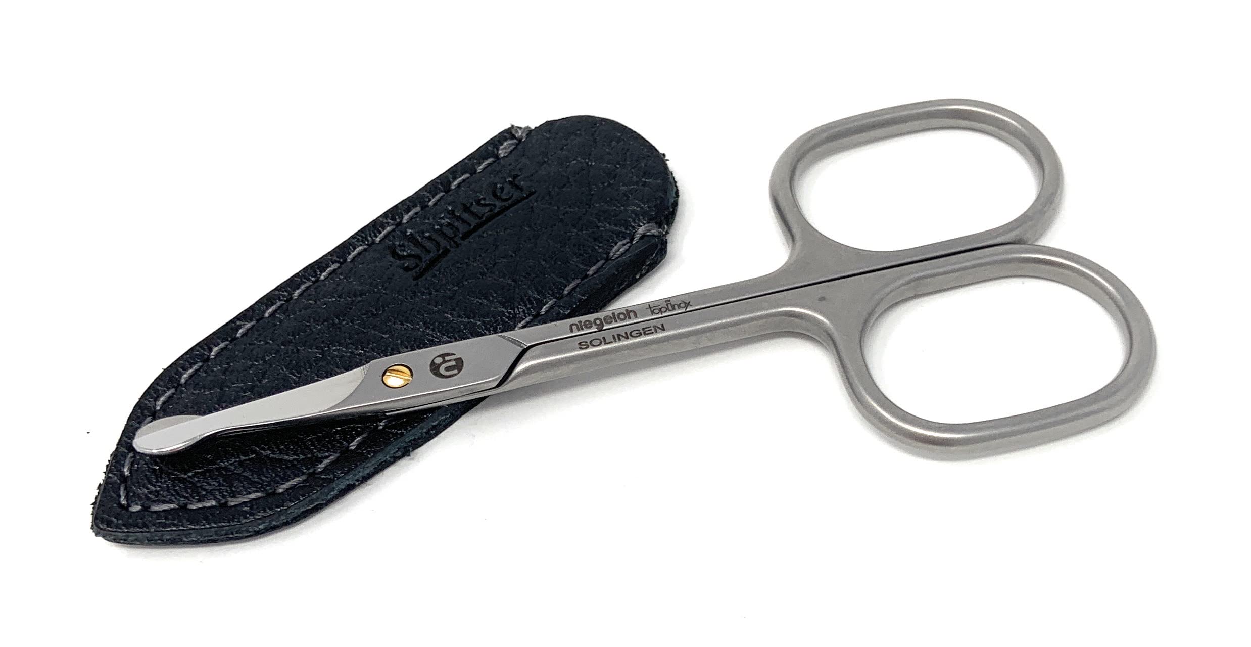 Niegeloh Professional TopInox Stainless Steel Nose & Ear Scissors with SHPITSER Genuine Leather Case. Made in Solingen, Germany