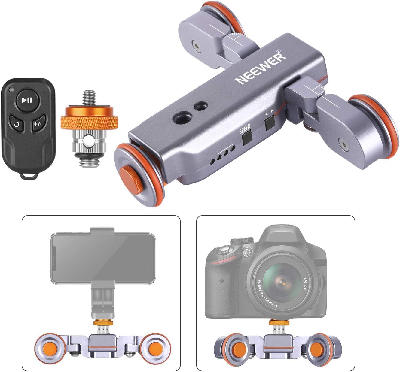 Neewer 3-Wheels Wirelesss Camera Video Auto Dolly, Motorized Electric Track Rail Slider Dolly Car with Remote, 3 Speed Adjustable for DSLR Camera Camcorder GoPro iPhone Android Phones (Silver)