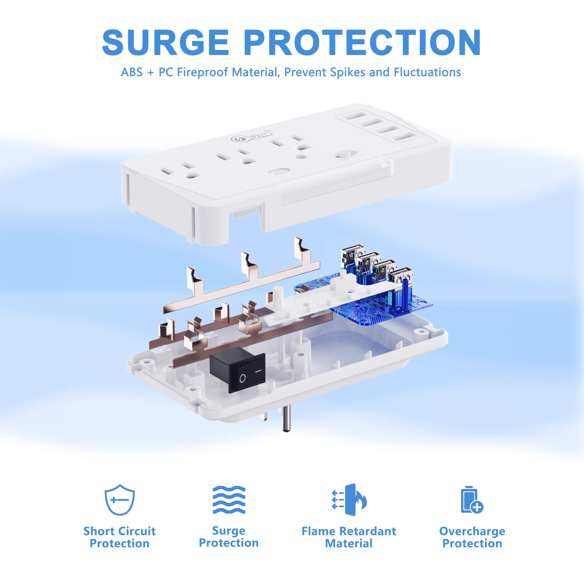 Socket Outlet Shelf, ON2NO Surge Protector Wall Outlet, 3AC Outlet and 4 USB Charging Ports, Electric Outlet Extender with Built-in Shelf and Smart Night Light to Create Charging Station in Home