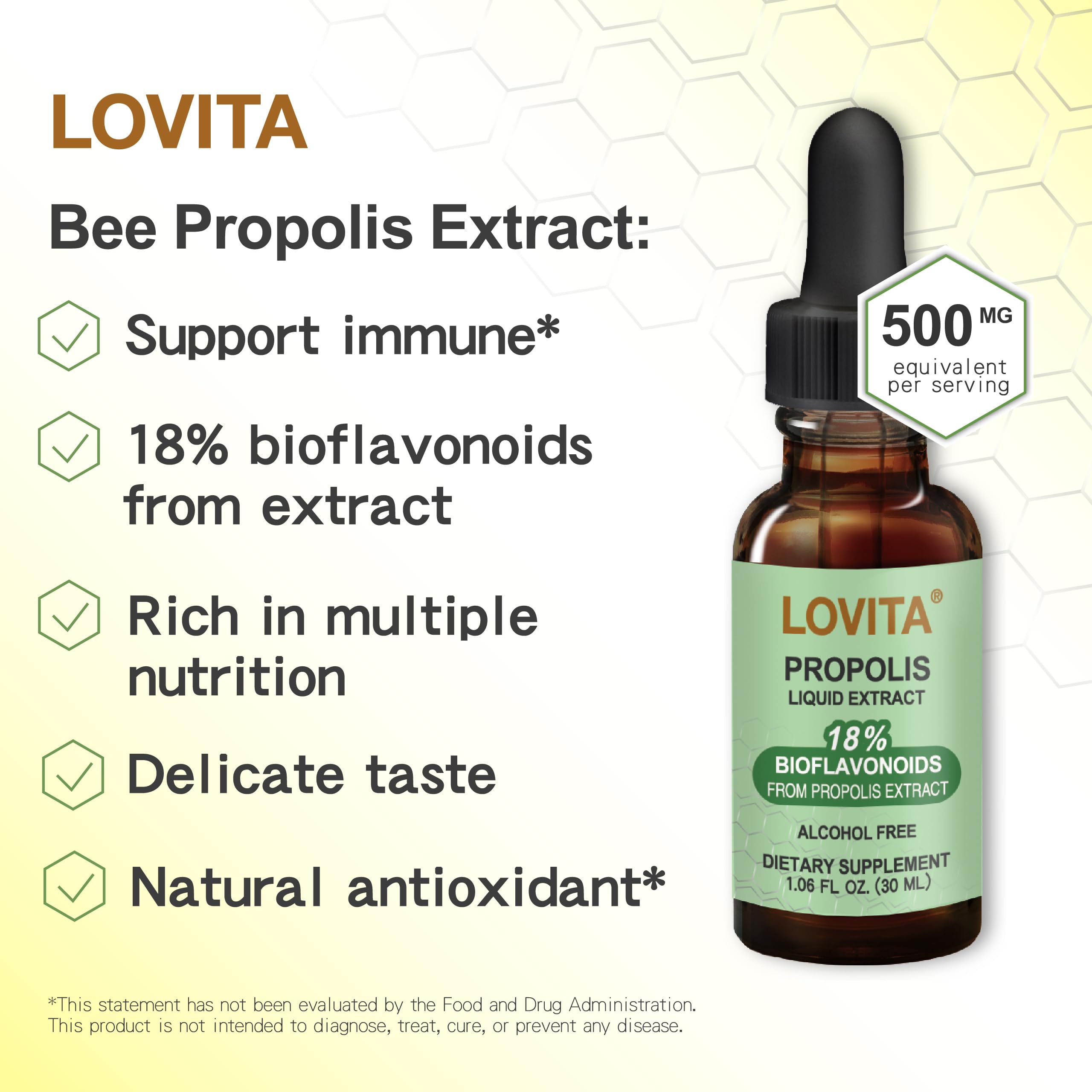 Lovita Bee Propolis 500 mg Liquid Extract | 9:1 Propolis Extract | Alcohol Free | Immune Support |1 Fl Oz (Pack of 3)