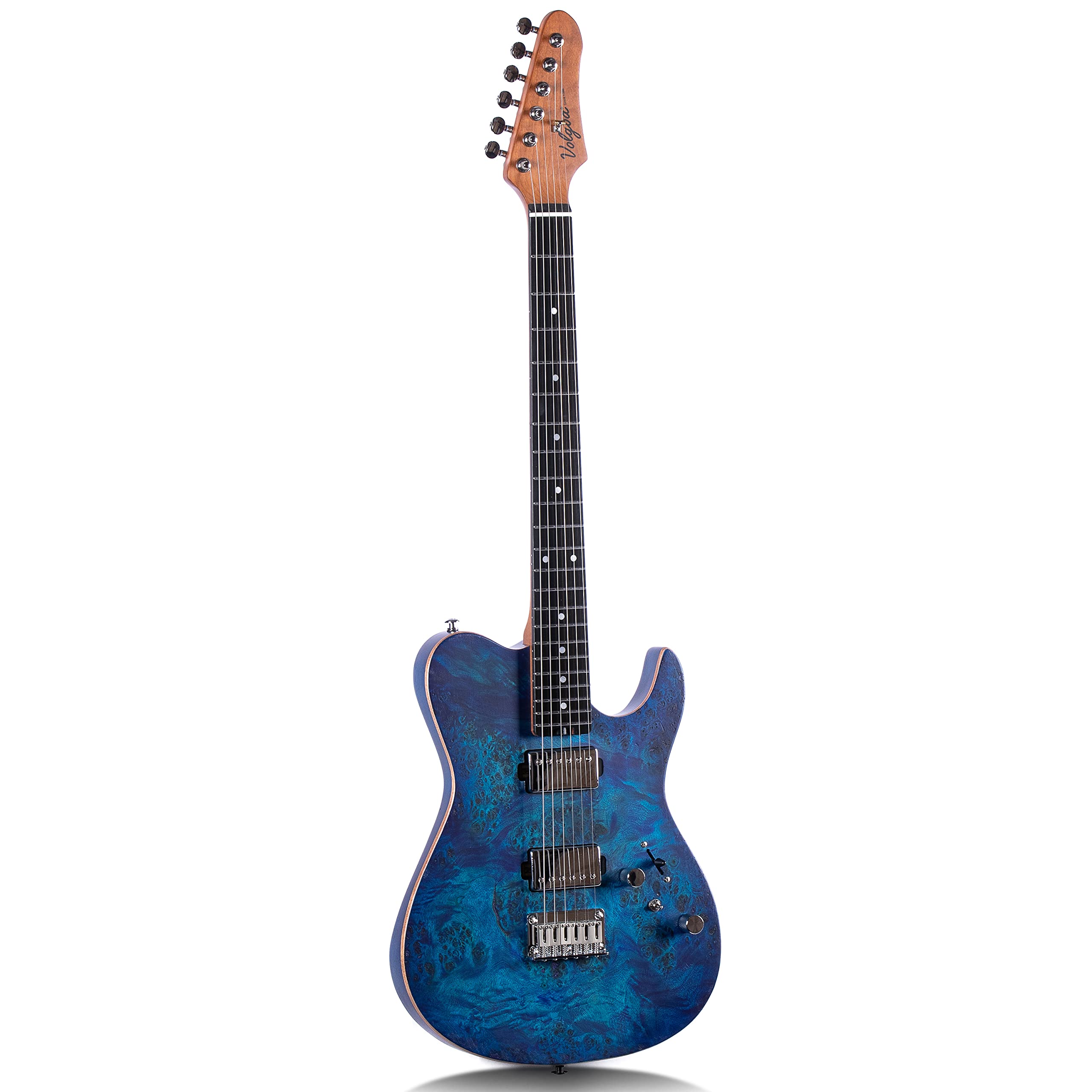 Volgoa VTL-2 Solid Body 6 String Electric Guitar, Roasted Maple Neck, Mahogany Body, Matte Burl Figure Veneer, and Coil Splitting Pickup (Blue)