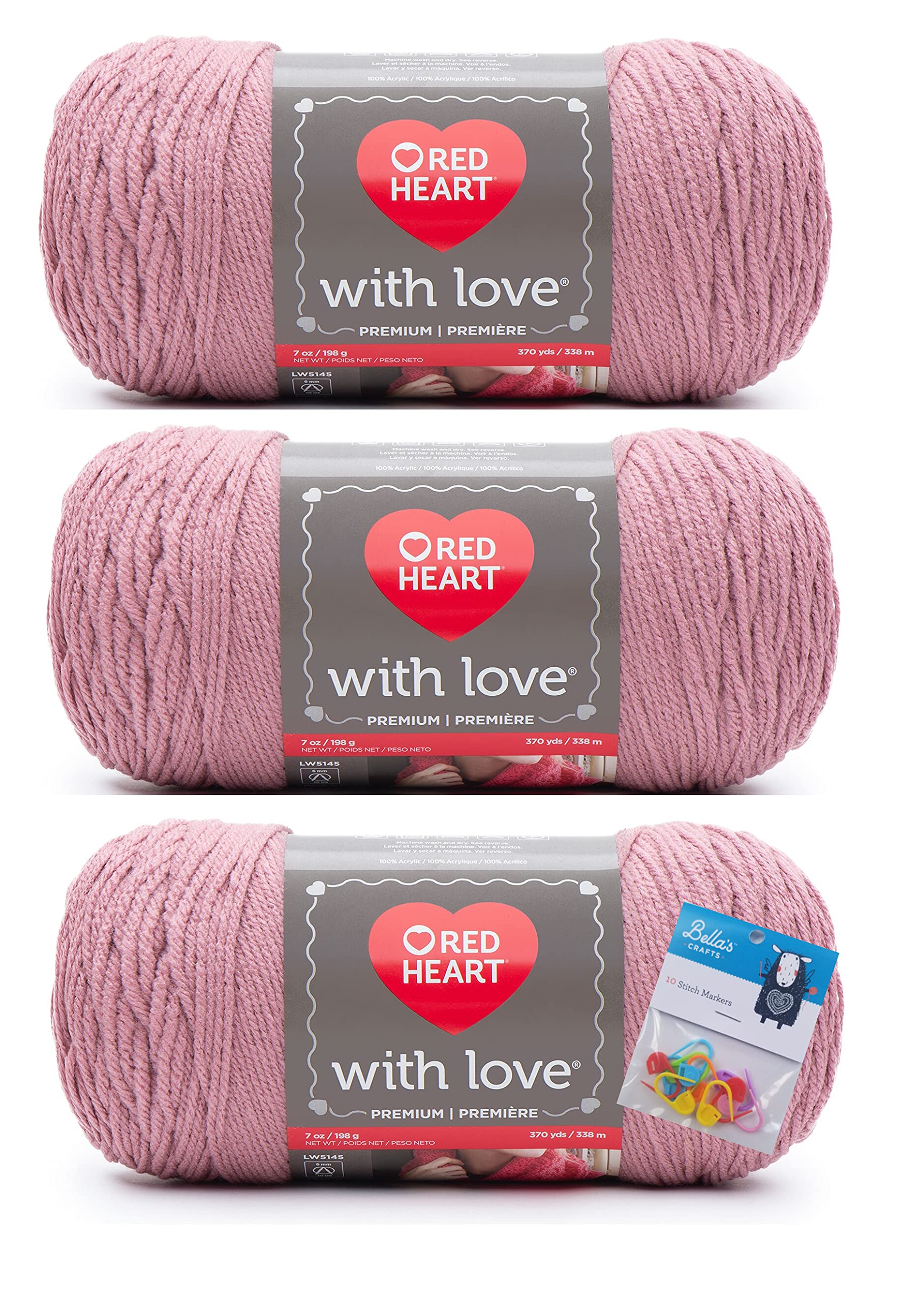Red Heart with Love Yarn - Cameo - 3 Pack Bundle with Bella's Crafts Stitch Markers