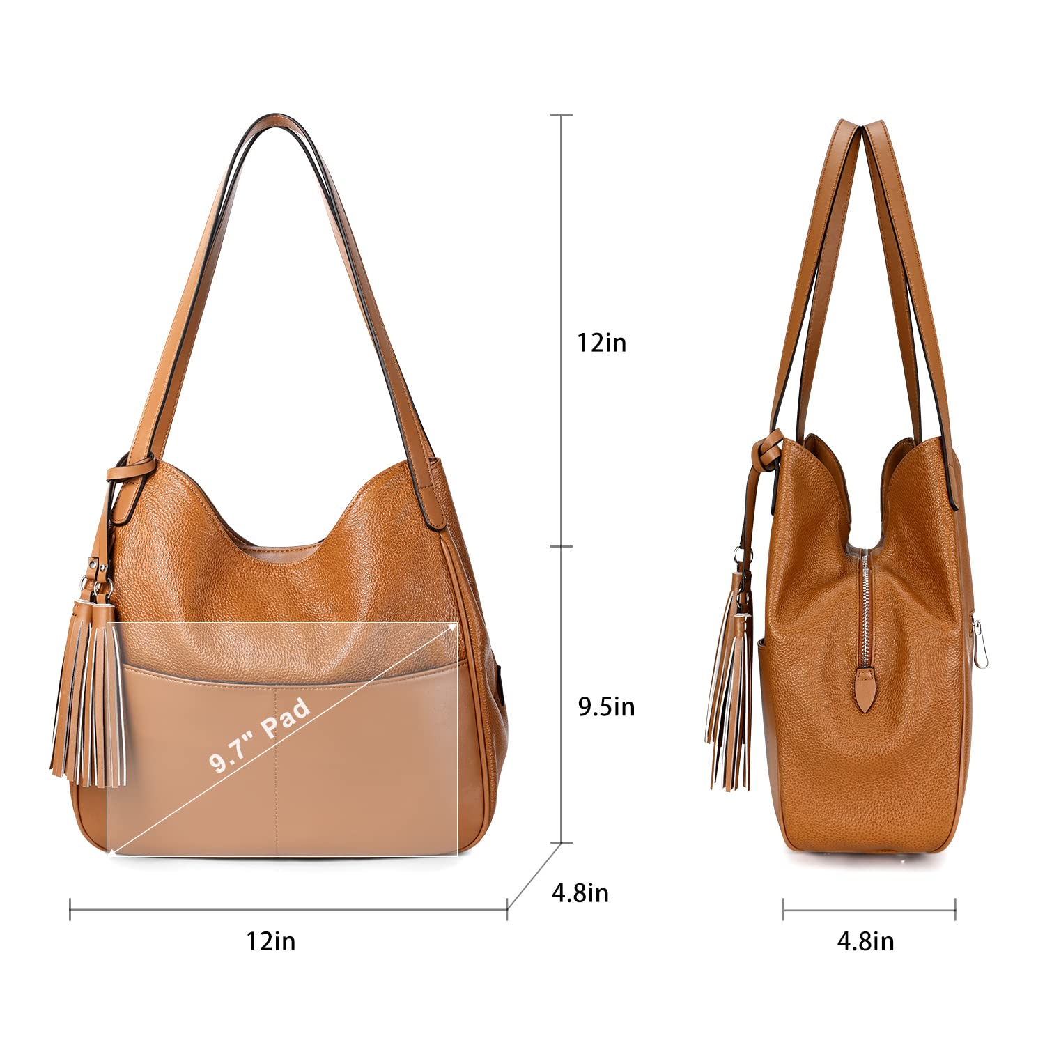 S-ZONE Women Shoulder Bag Leather Hobo Purses Medium Handbags Multi-pocket Tote with Tassel
