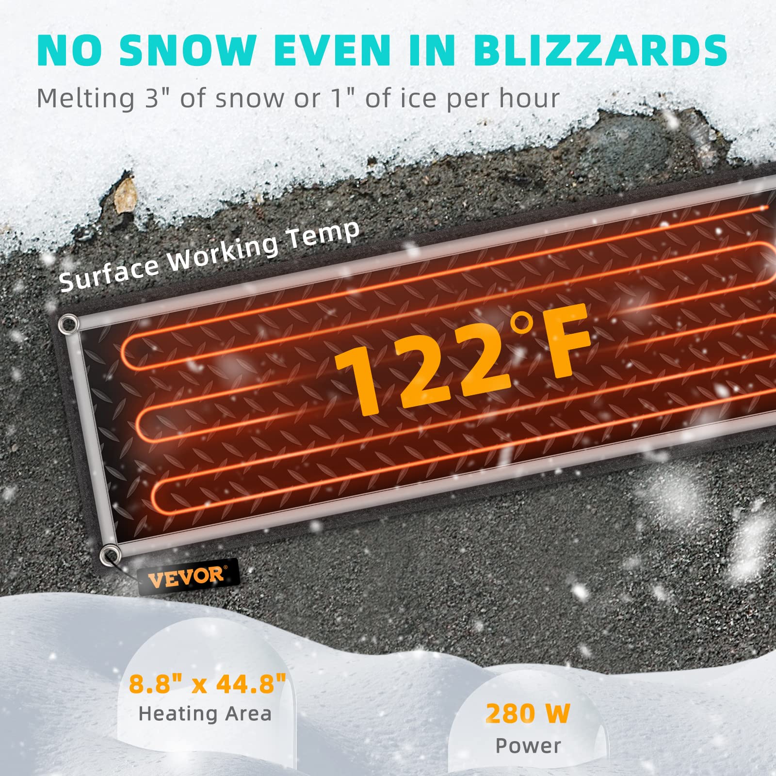 VEVOR Snow Melting Mat, 10 x 48 inch, 3 in/h Speed, Heated Outdoor Doormat for Winter Stairs, No-Slip Rubber with Plug, Power Cord, Outlet Timer, Reflective Strip, Velcro, Ground Stake, 10β x 48"