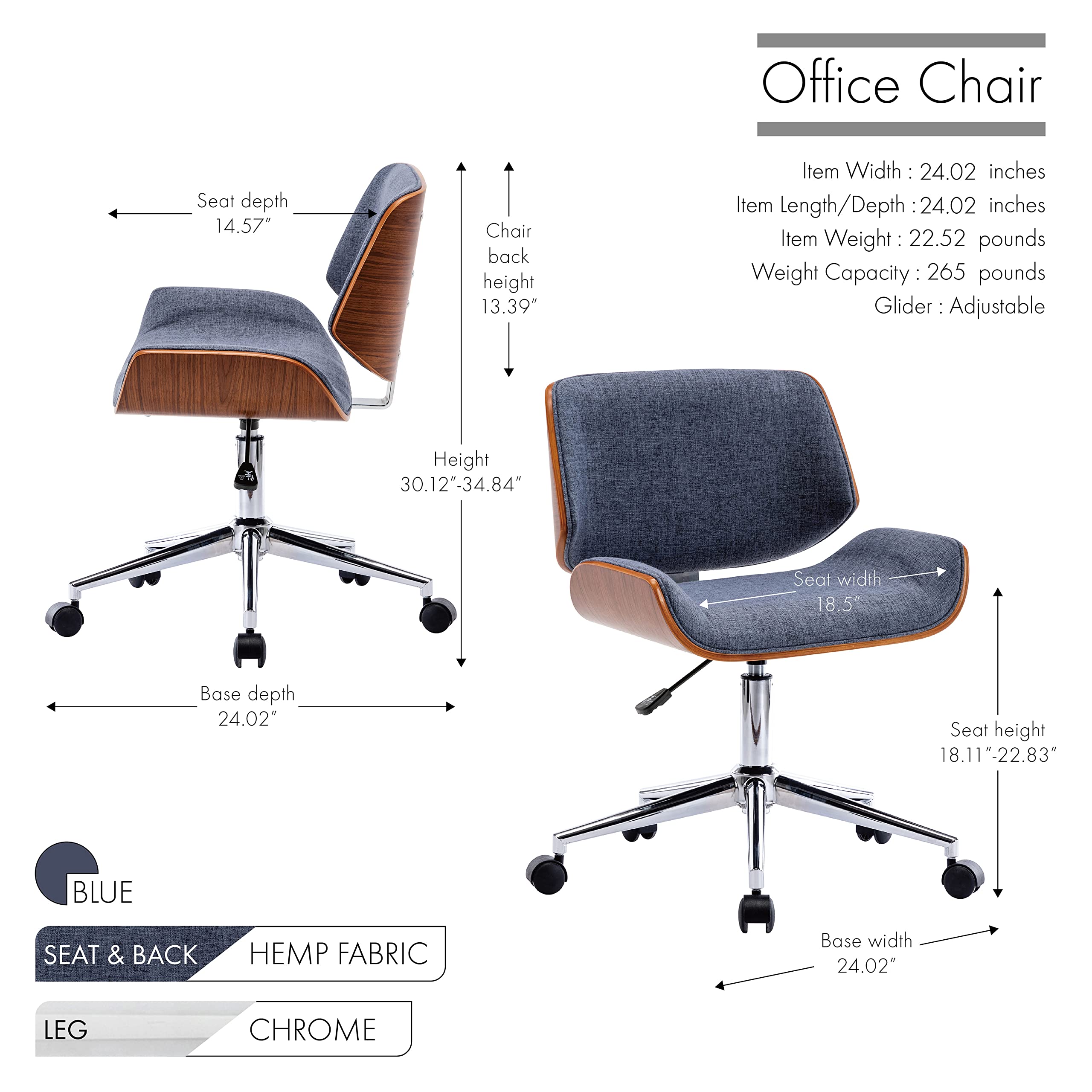 Porthos Home Nadia Office Chair, Awesome Bentwood Style Seat, Soft Fabric Upholstery, Sturdy Chrome Base with Roller Wheels, 360 Degree Swivel, Height Adjustable