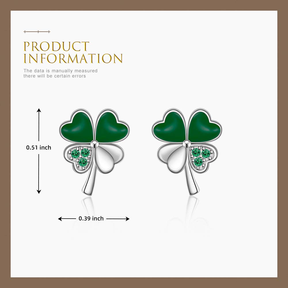 S925 Sterling Silver Heart Four Leaf Clover Shamrock Earrings for Women Irish Emerald Crystal Piercing Stud Charm Valentine ST Patricks Day Earring