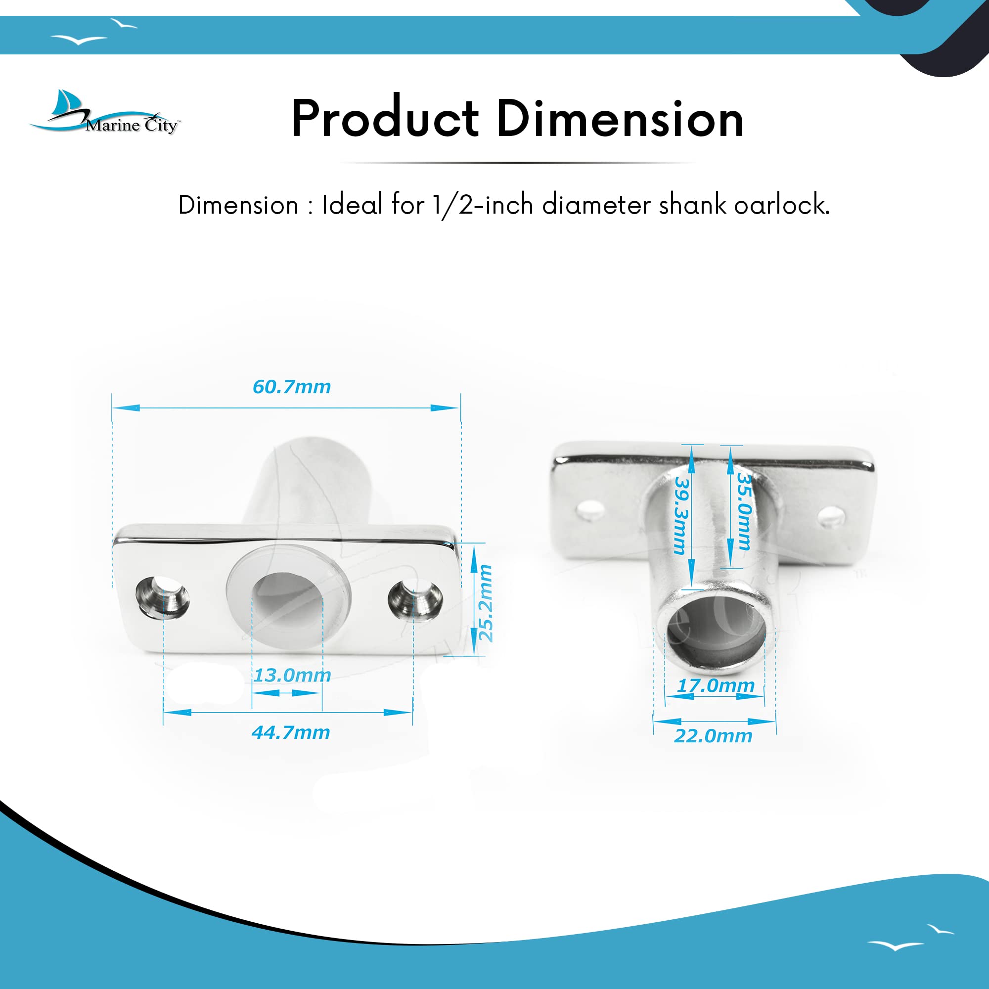 MARINE CITY 316 Grade Polished Stainless Steel 1/2 Inches Shank Top Mount Rowlock/Oarlock Socket for Boats – Yachts – Ships (Pack of 2)
