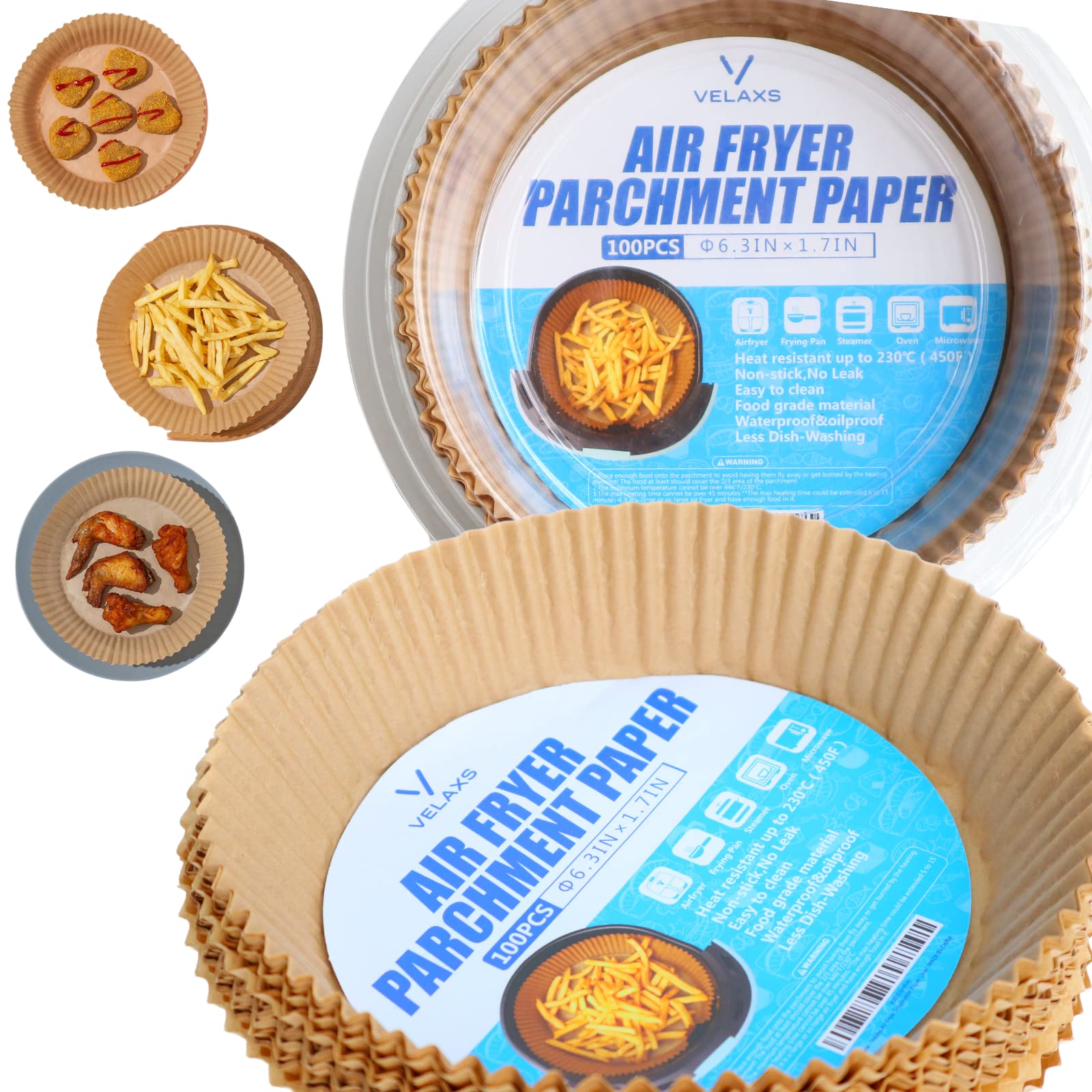 Velaxs Air Fryer Liners Disposable, Cooking Nonstick Filter Inserts Liners, Microwave Frying Pan Parchment Paper, Oil-proof Baking Roasting Food Grade Paper Sheets for Air Fryer 100 pcs 6.3 inch Round