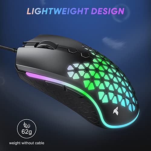 TECURS Wired Gaming Mouse 12000 DPI Programmable Mouse, USB Optical PC Gaming Mice, Ultra-Lightweight RGB Mouse, Honeycomb Shell Design, Computer Game Hardware, Black