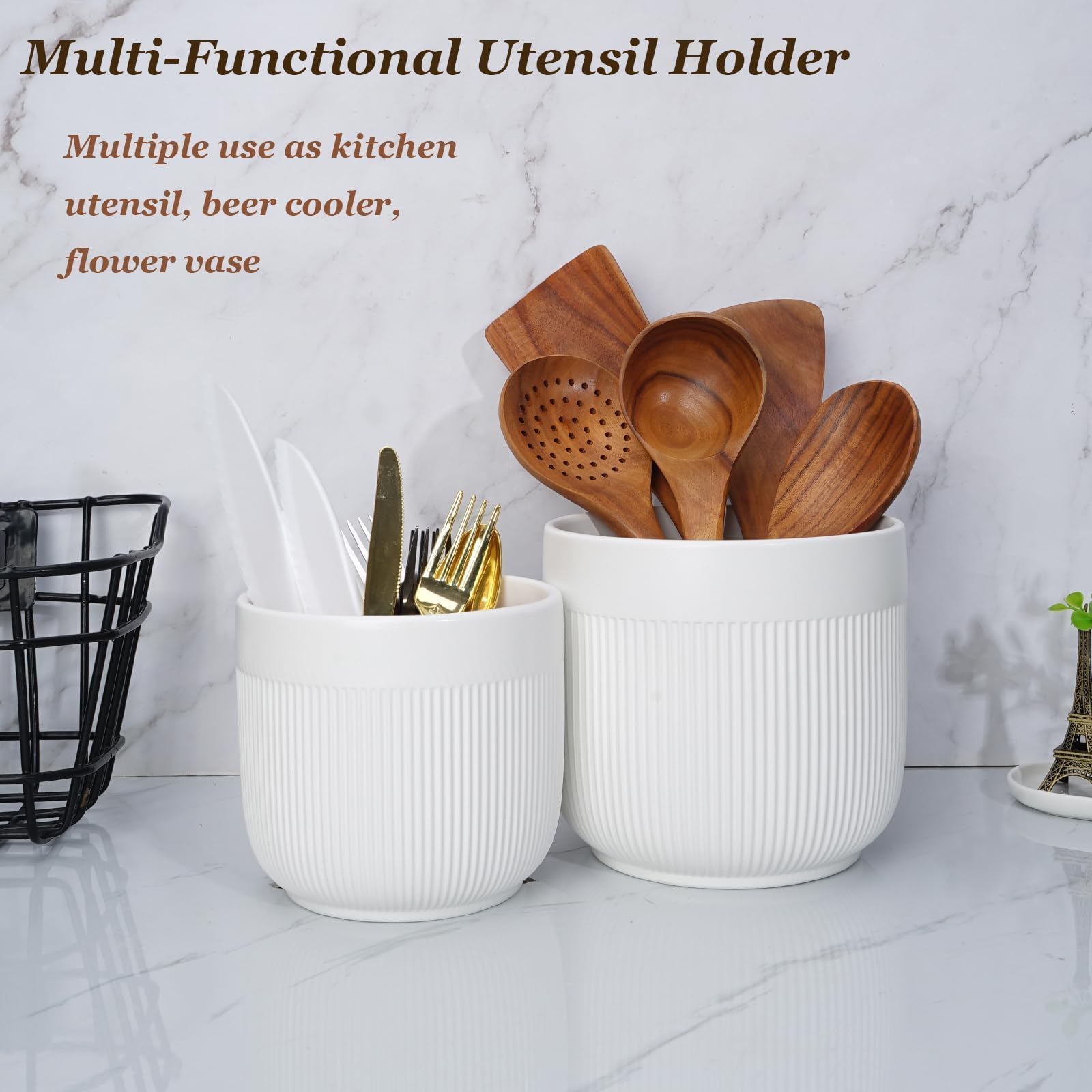ZOEHROWS Utensil Holder, Set of 2 Large Ceramic Kitchen Utensil Holder for Countertop, Cooking Utensil Holder for Kitchen Counter, Morden Utensil Organizer for Spatula, Kitchen Decor,White