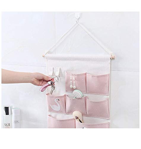 Over The Door Magzine Storage Pockets, Cotton and Linen Waterproof Closet Storage Hanging Bag Organizer (7-Pocket, Pink)