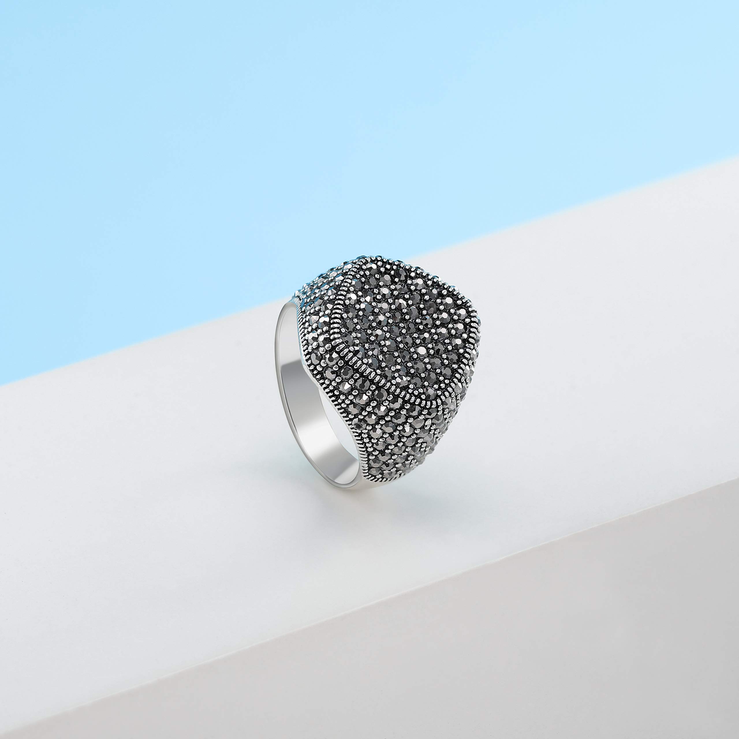 Mytys Marcasite Silver Rings for Women Geometry Black Diamond Costume Statement Women Rings Size 9