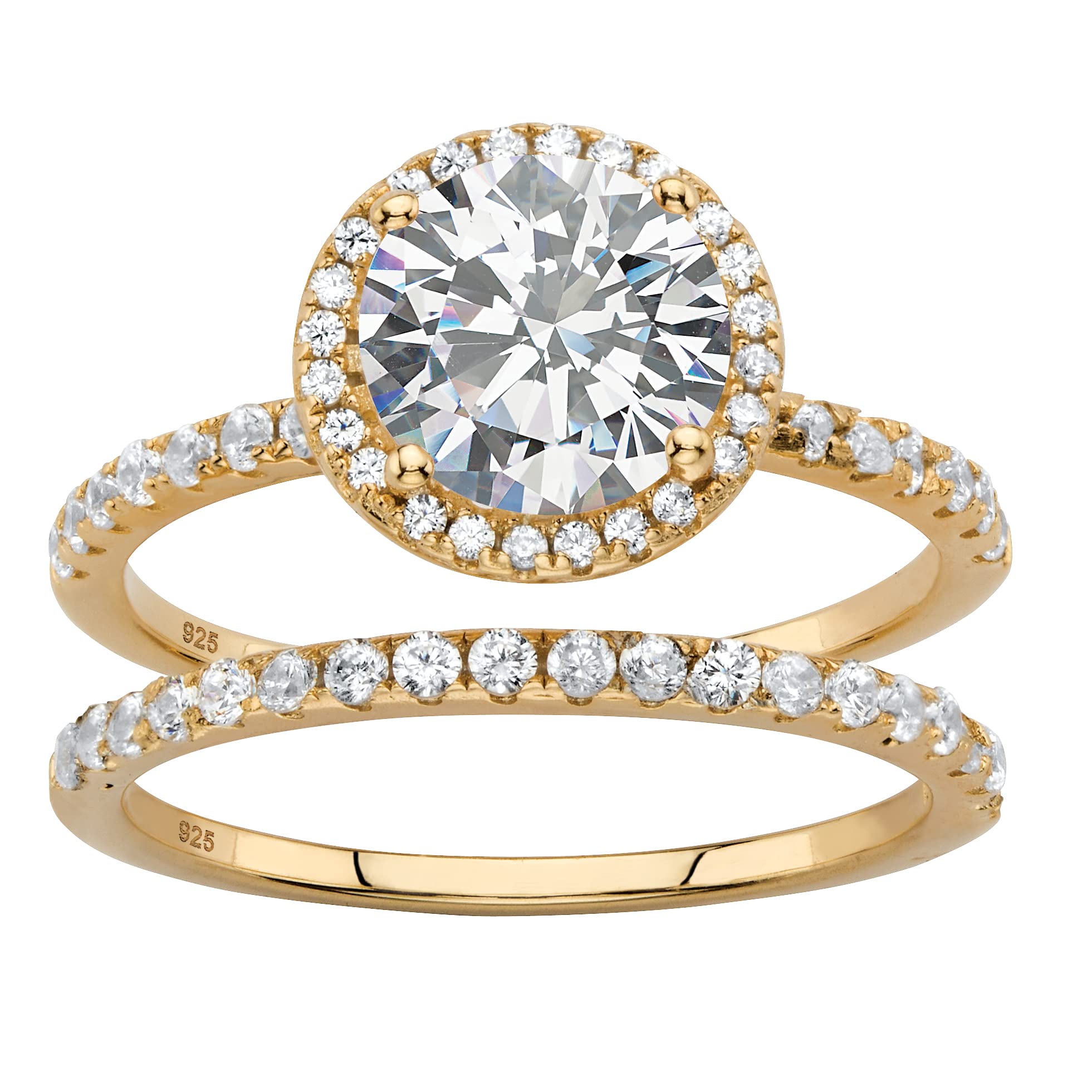 Platinum-Plated or Yellow Gold-Plated Sterling Silver Round Cubic Zirconia Halo Bridal Ring Set Size 7