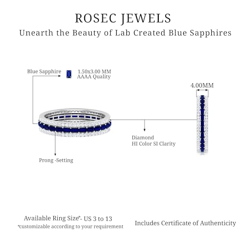 Rosec Jewels Certified Lab Grown Blue Sapphire Eternity Band Ring, Sapphire Diamond Band, Wedding Anniversary Ring, 14K White Gold, Size:US 10.50