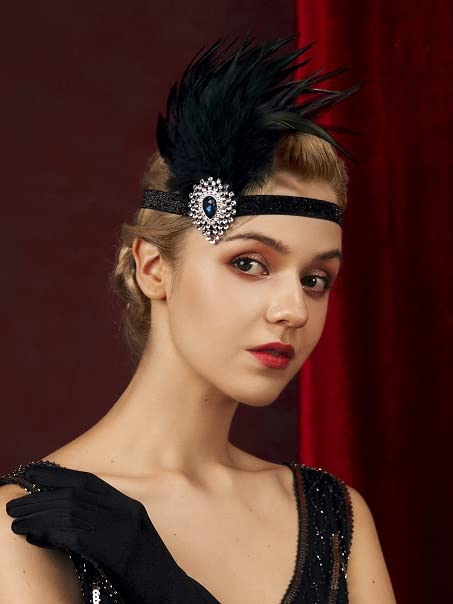 SWEETV Flapper Headband 1920s Headpiece Rhinestone Feather Hair Band Great Gatsby Headpiece for Women,Wine Red