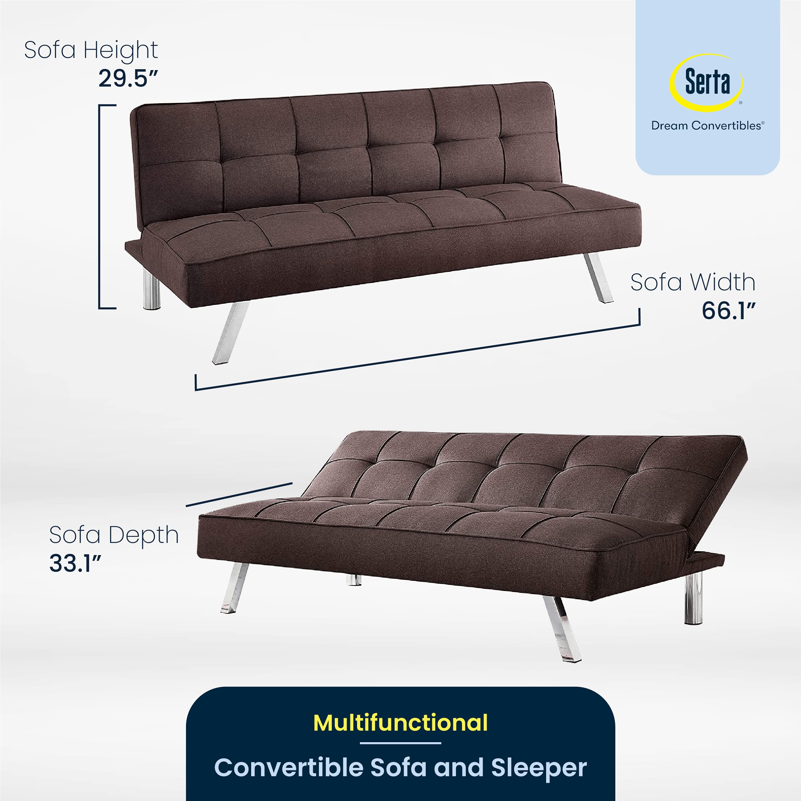 Serta Rane Futon, 66.1" W x 33.1" D x 29.5" H, Java & Rane Futon, 66.1" W x 33.1" D x 29.5" H, Navy Blue