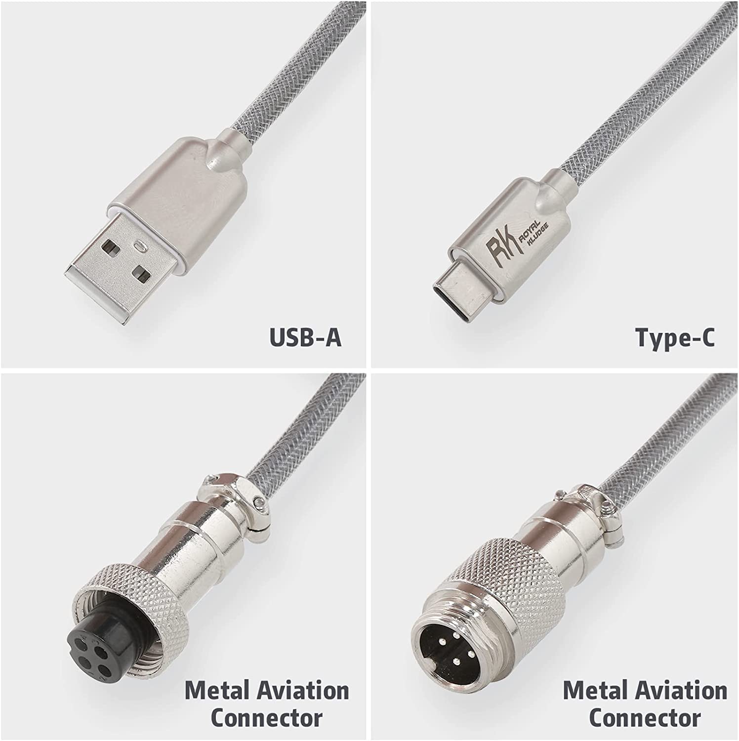 RK ROYAL KLUDGE Coiled Keyboard Cable, USB C Custom Cord for Mechanical Gaming Keyboard, Double-Sleeved Wire with Metal Aviator Connector, 5ft-Black