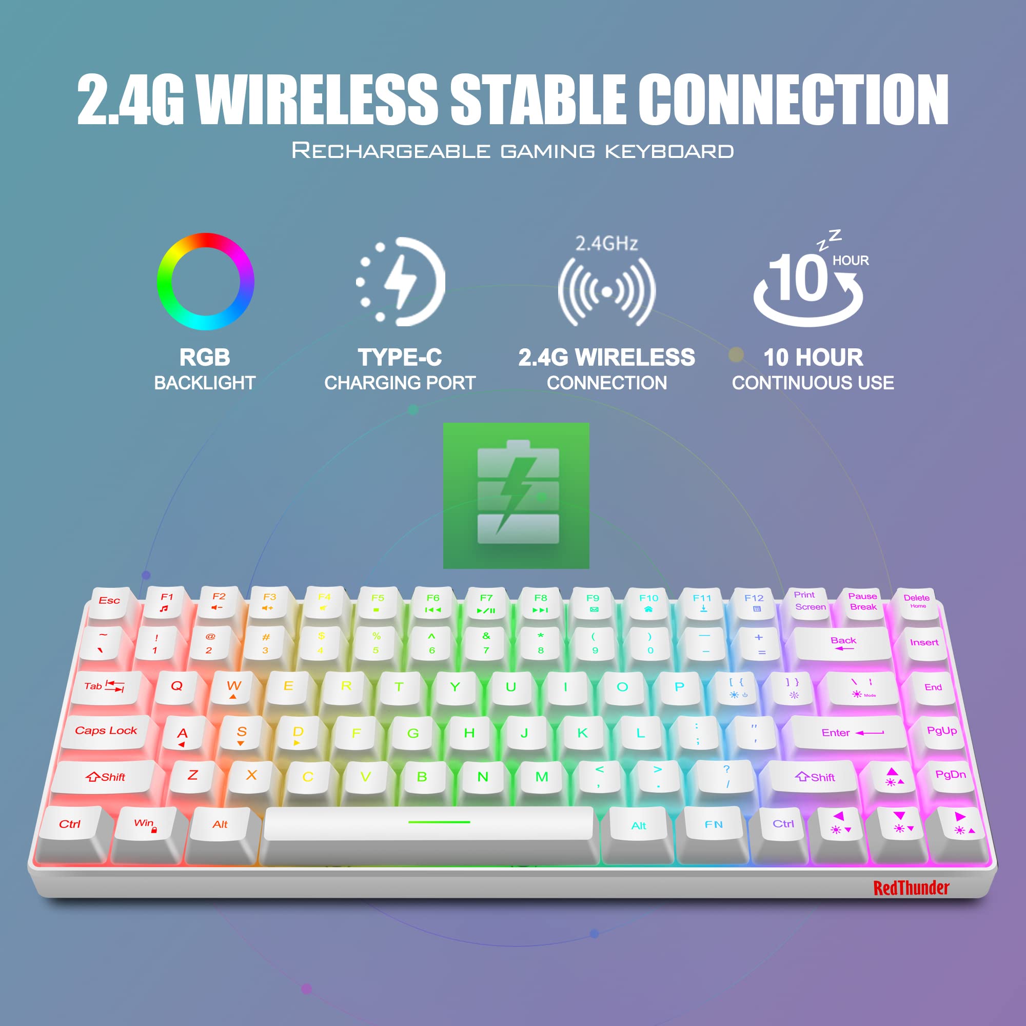 RedThunder K84 Wireless Gaming Keyboard, 1850mAh Rechargeable Battery, 75% Ultra-Compact TKL Mechanical Feel Mini Keyboard with RGB LED Lighting Effects for PC/Windows/MAC/PS4/PS5/XBOX Gamer (White)