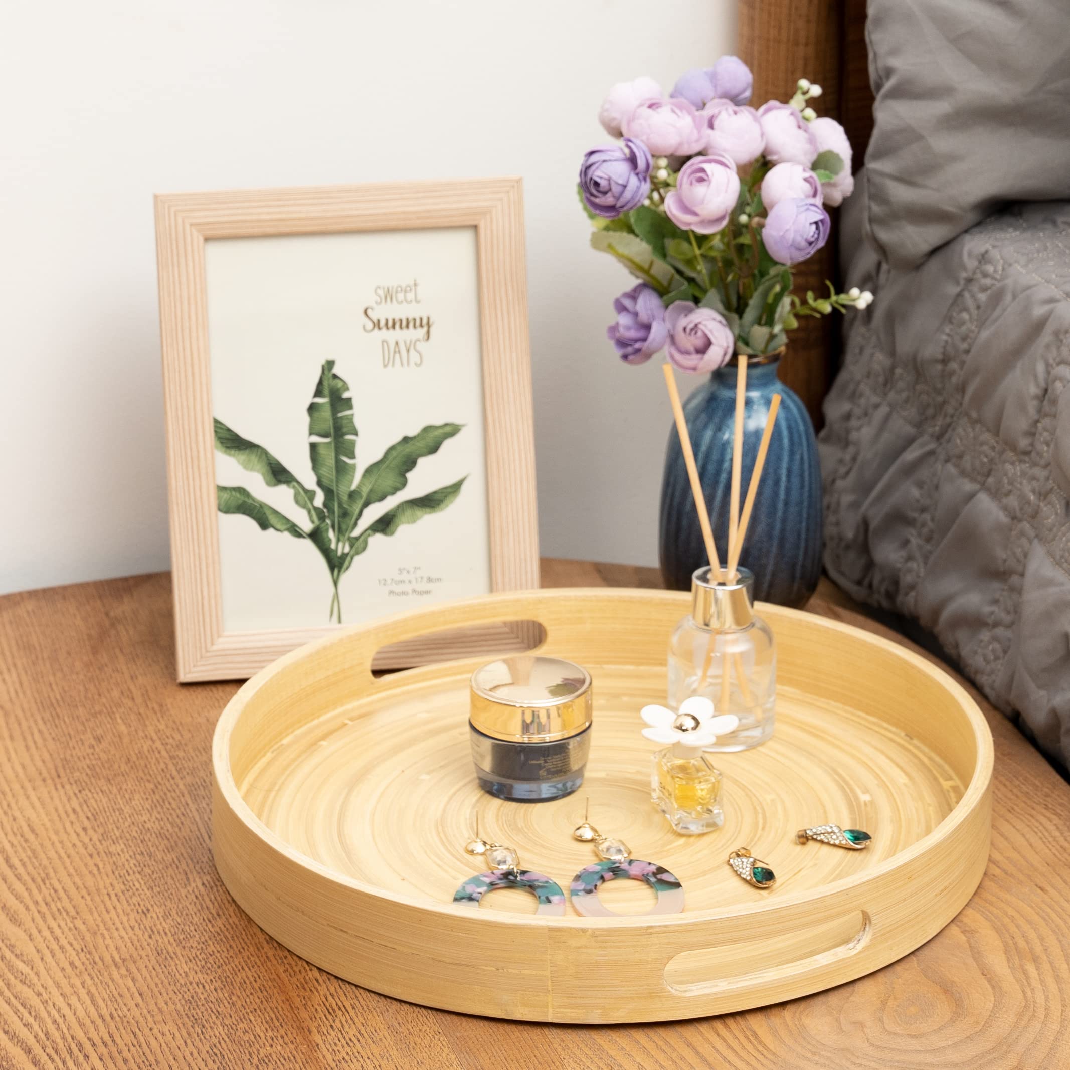 Round Serving Tray with Handles Bamboo Trays Serving Large Decorative Tea Trays for Coffee Table Bar Home Decor Bathroom Centerpieces Outdoor Organizing Tray for Vanity Fruit Set 2 (Bamboo Natural)