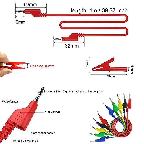 TALLSOCNE 5pcs 4mm Stackable Banana to Banana Plug Test Cable Lead Set,10pcs 4mm Socket Banana Jack Copper Alligator Clips, for Multimeter Leads, Electrical Test Leads 1000V/ Max 19A