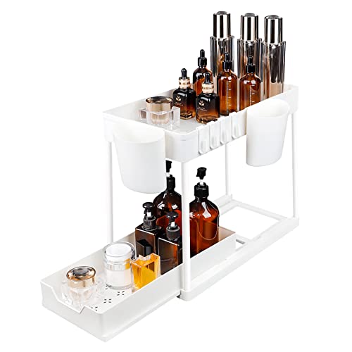 Under Sliding Cabinet Basket Organizer, 2-Tier Kitchen Under Sink Storage Drawer Rack Organizer Dust-proof Water-proof, Expandable Under Sink Organizer with 2 Cups and 4 Hooks, White