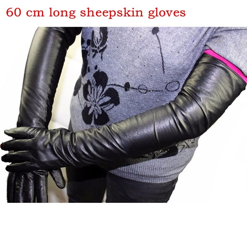 WALNUTA Long Sheepskin Gloves Women's Genuine Leather 58cm Length Sleeve Velvet Lining Keeps Warm in Autumn and Winter (Color : A, Size : 7)