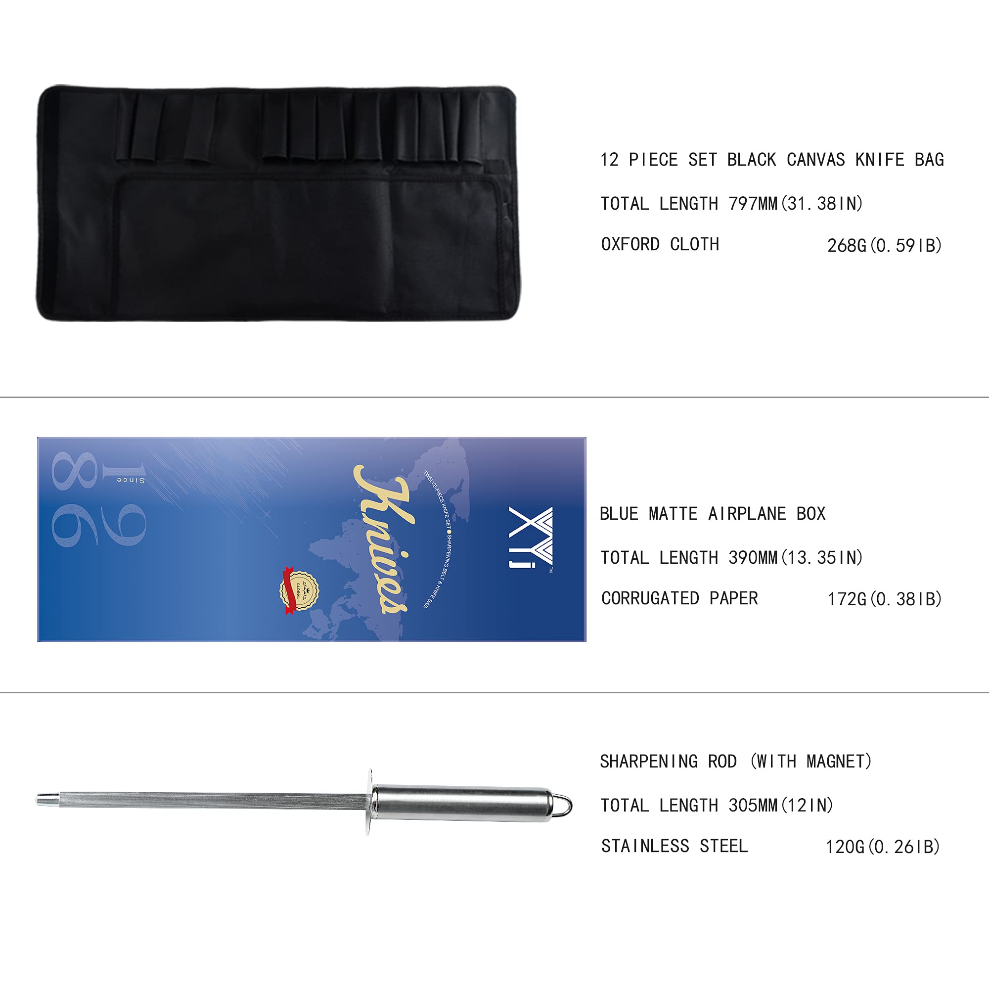 XYJ 7 Piece Knife Set With Sheath Kitchen Large German Stainless Steel Full Tang Cooking Knife Set With Roll Bag Sharpening Stick Whetstone Blade Guard Great Gifts For Chef