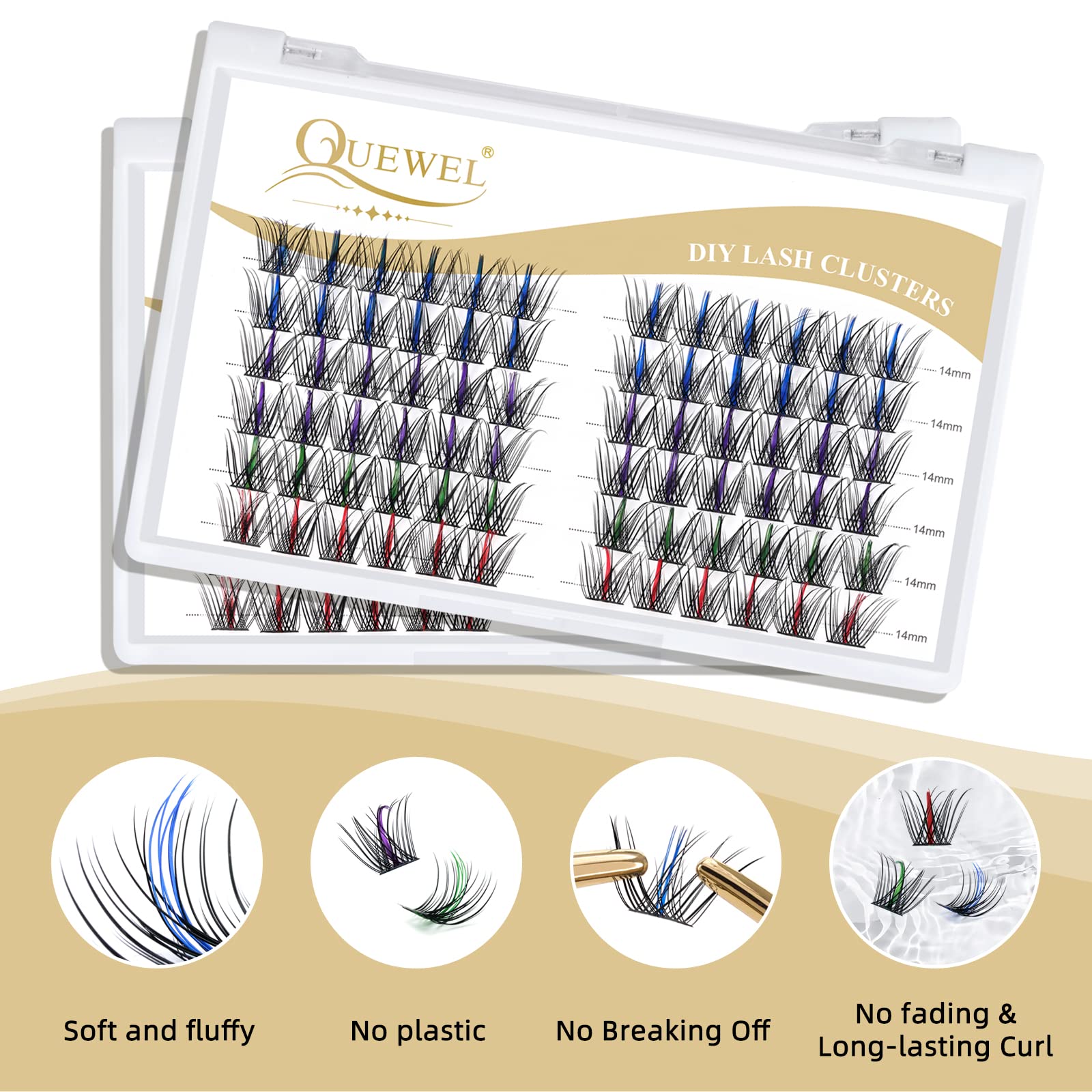 QUEWEL Cluster Lashes 72 Pcs Wide Stem Colored Eyelash Clusters& Lash Bond And Seal, Lash Cluster Glue For DIY Eyelash Extensions
