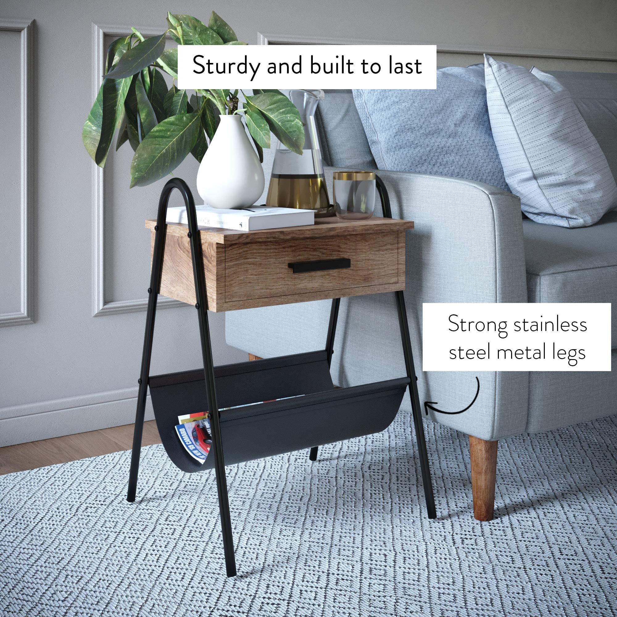 Nathan James Hugo Wood Nightstand, Rustic Accent End or Side Table with Drawer, Durable Black Metal Frame & Leather Hammock, Brown