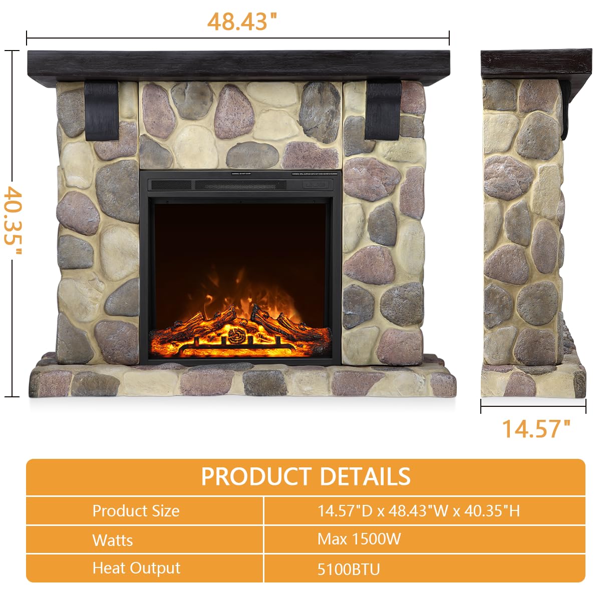 R.W.FLAME Electric Fireplace Mantel Package, 48 inch Freestanding Stone Fireplace Heater TV Stand with Remote Control, 7 Flame Brightness Settings, 750W/1500W,New