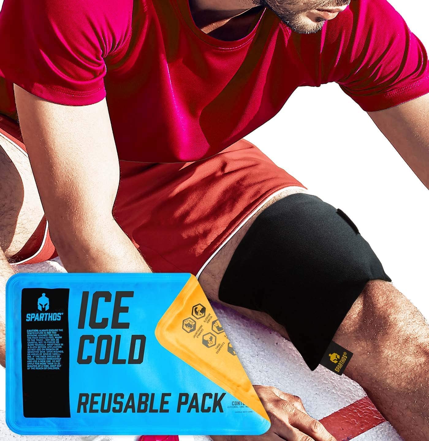 Sparthos Kinesiology Tape [Mountain Brown - 16.4ft Uncut Roll] x Ice Packs for Injuries [Size Medium + Cover]