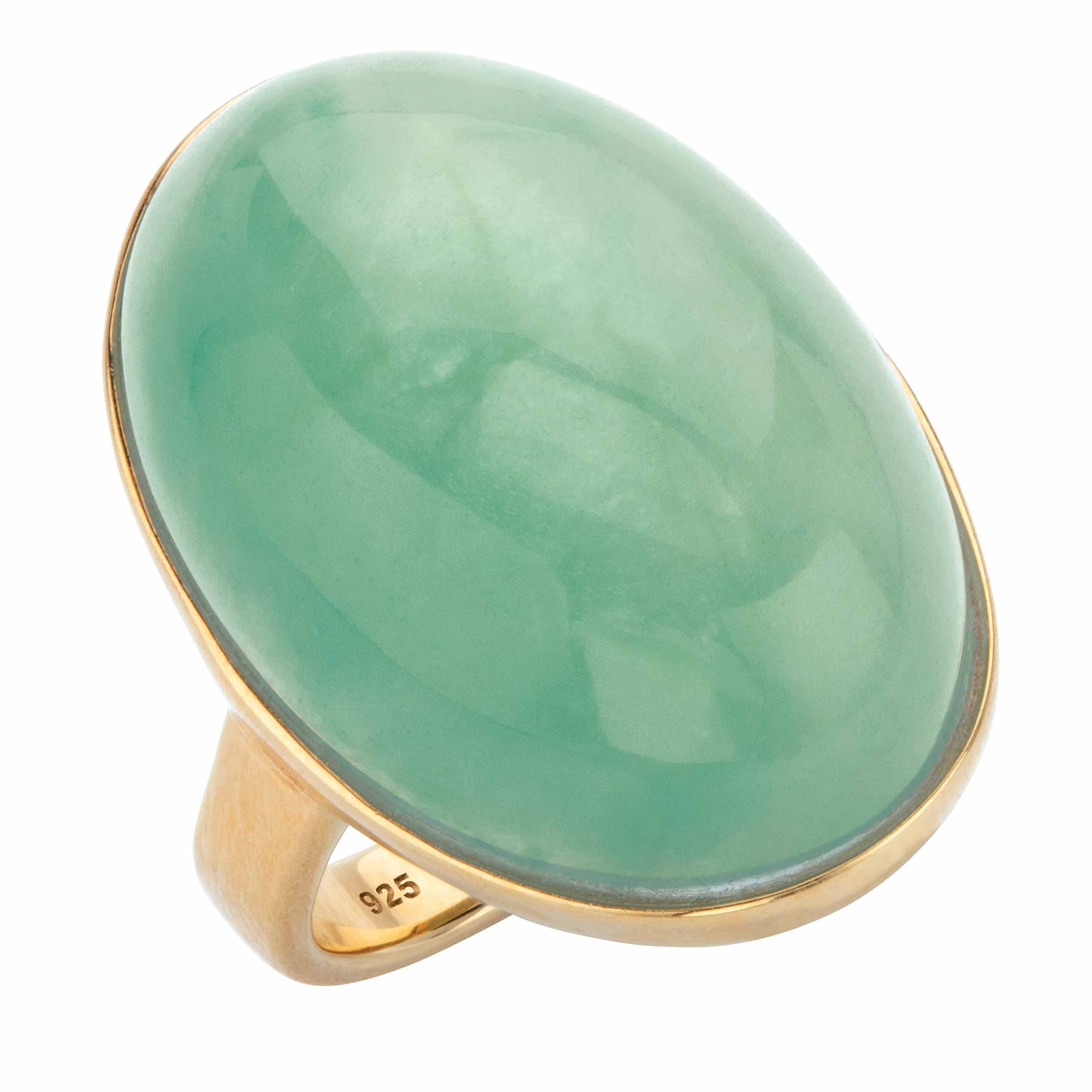 PalmBeach Jewelry 14K Yellow Gold Plated Sterling Silver Oval Shaped Genuine Aquamarine or Green Jade Cabochon Ring Size 8