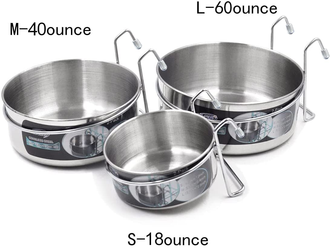 MLCINI Stainless Steel Pet Feeder, 2 Pack Hanging Dog Bowl & Cat Bowl, Non Spill Bunny Feeder with Hook for Crate Cage Kennel, 60 Ounce