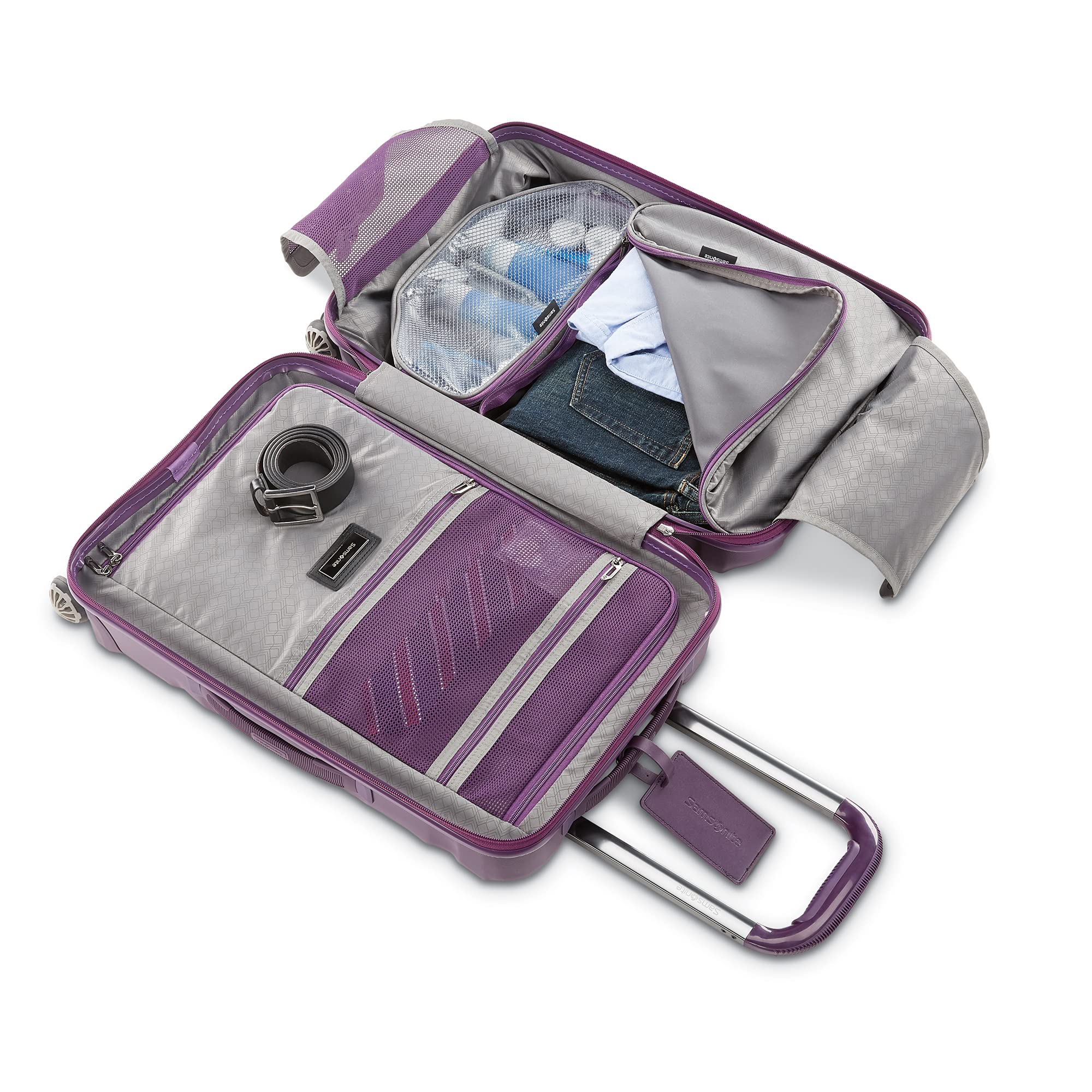 Samsonite Xcalibur XBT Spinner Hard Side Wheeled Carry On Travel Suitcase with USB Charging Port, Packing Cubes, and Adjustable Handle, Purple
