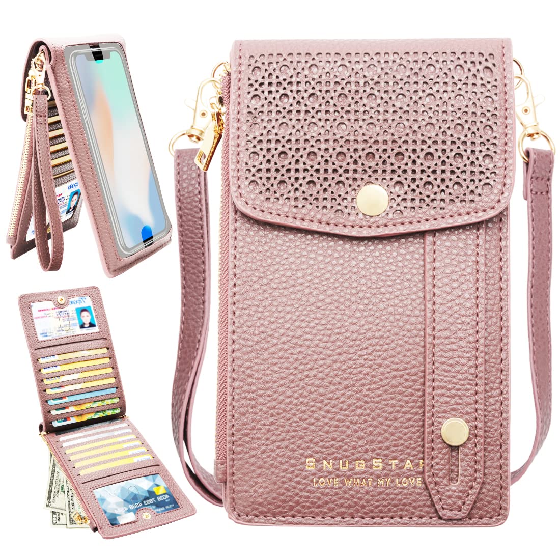 SNUG STAR Multi-purpose Card Holder Wallet-RFID Blocking,Lightweight Zipper Pocket Crossbody Bag with Touch Screen Purse for Most iphone Cell phones (Pink)