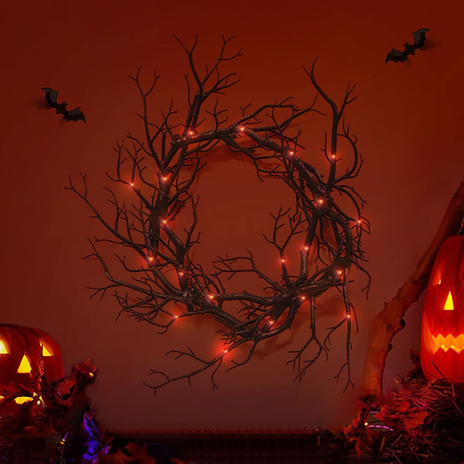Pre-lit Halloween Wreaths for Front Door Decorations, Black Branches Halloween Wreath with Lights, Door Hanging Lighted Wreath Outdoor Halloween Decorations Holiday Party Props (A-Lighted, One Size)