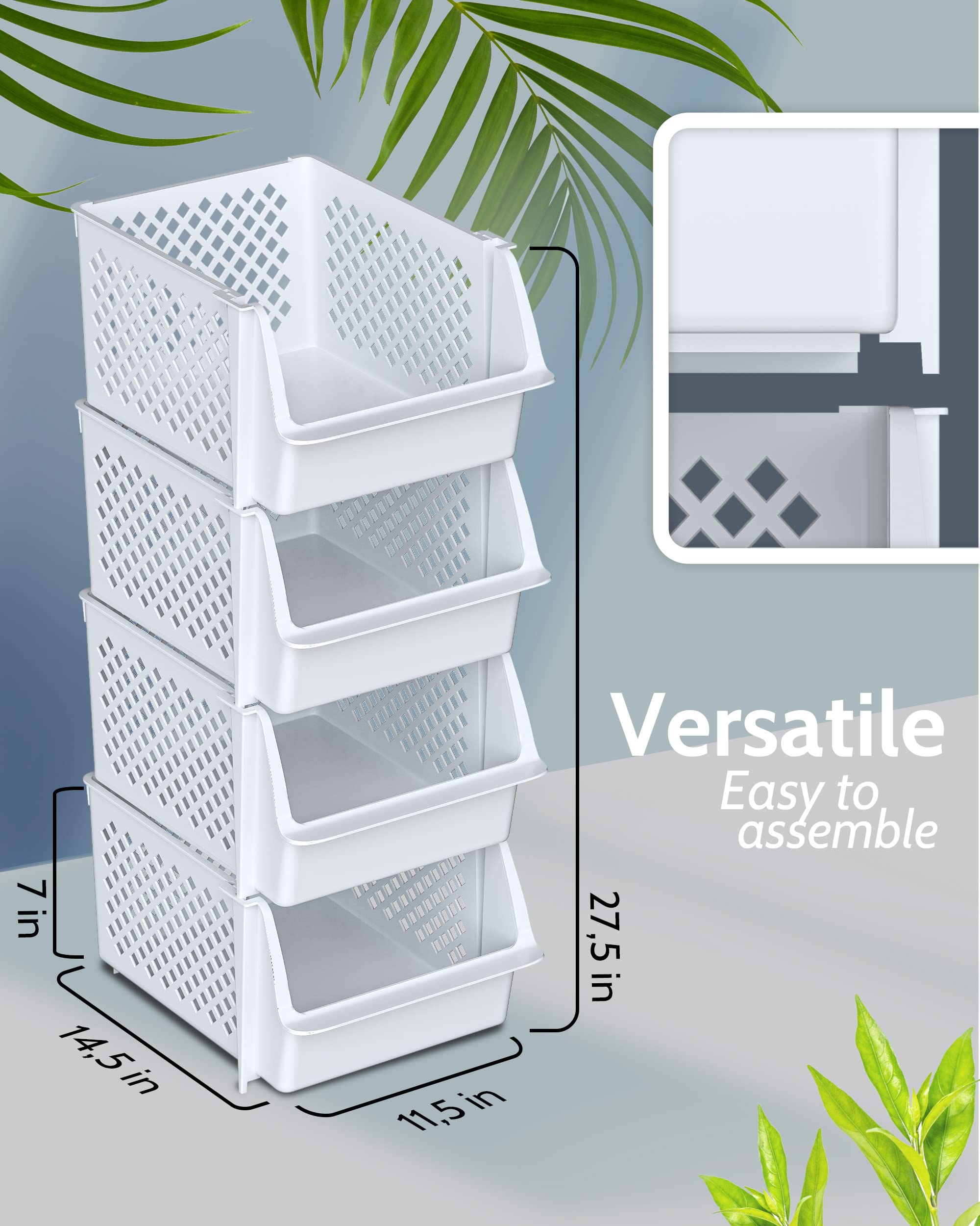 Skywin Stackable Storage Bins for Pantry - 8 Pack Stackable Bins For Organizing Food, Kitchen, and Bathroom Essentials (White)