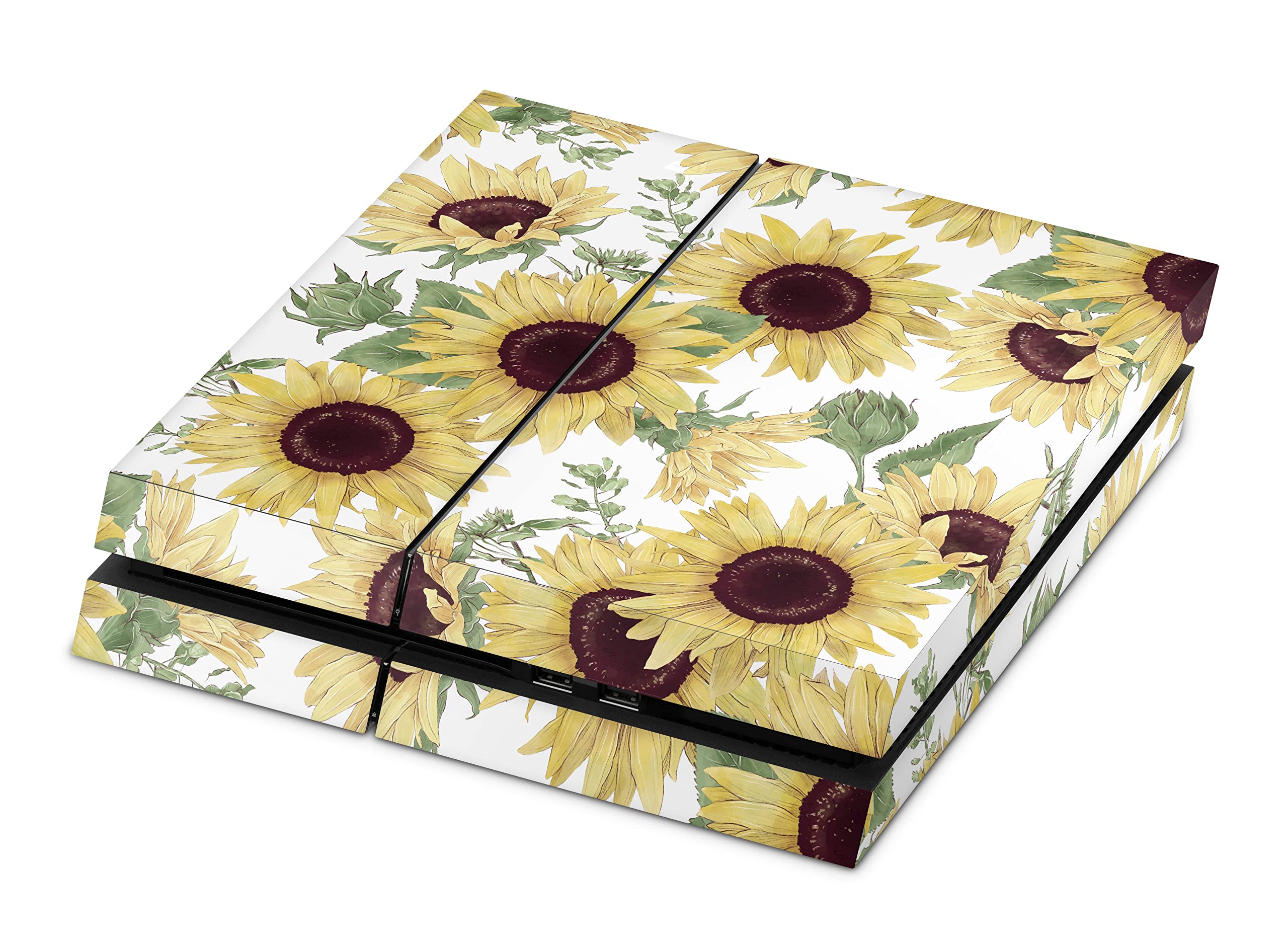 ZOOMHITSKINS Compatible with PS4 Skin, Compatible for Playstation 4, Sunflowers Summer Flowers White Yellow Cute, 1 PS4 Console Skin, Easy to Install, 3M Vinyl Decal, Made in The USA