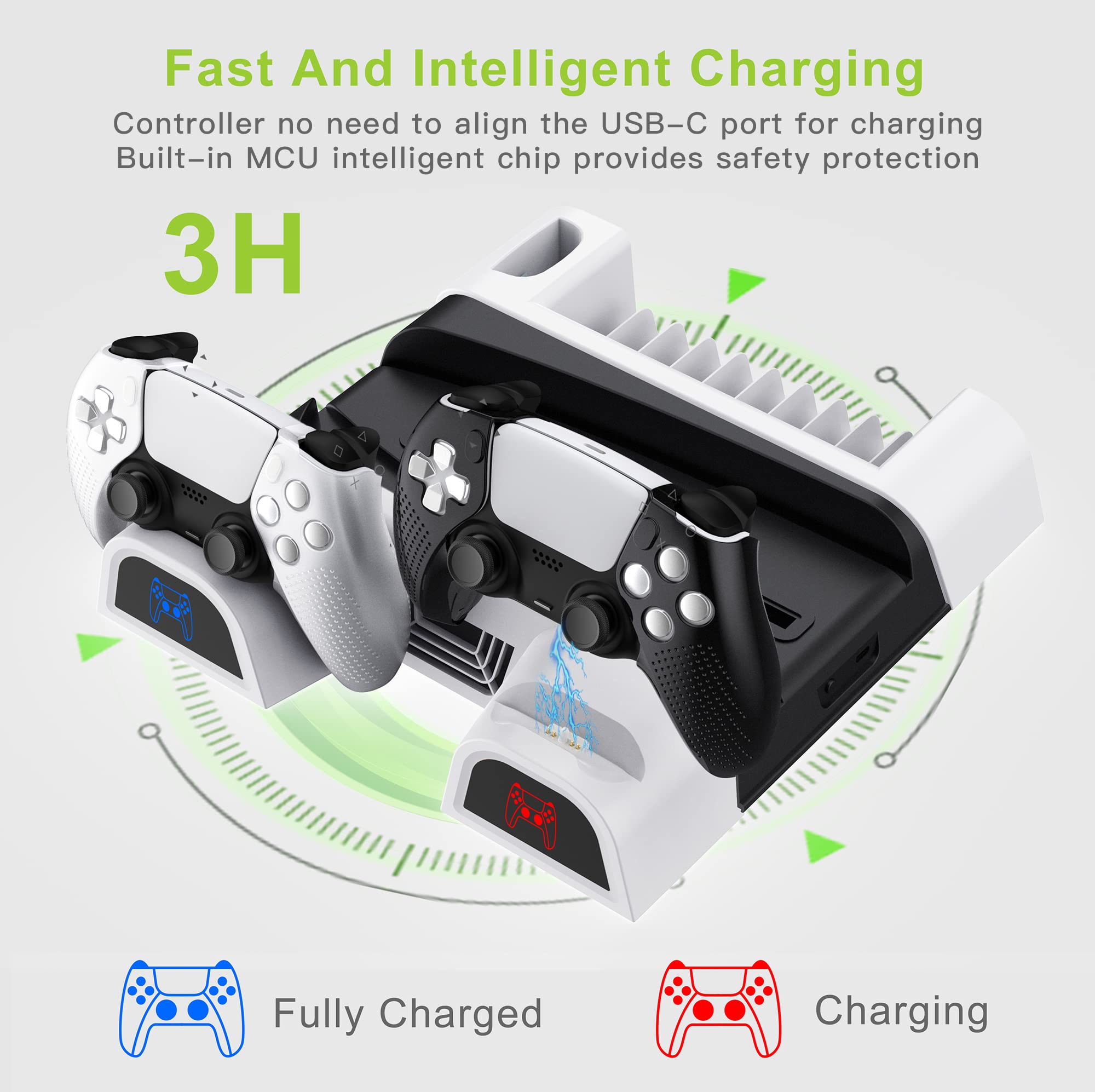 PS5 Cooling Stand Charging Station-7 in 1 full protection kit to PS5 console and controllers, WeProGame Charger Dock, Controller Skins, Thumb Grips ,Headset Holder Accessories Bundle for Playstation5