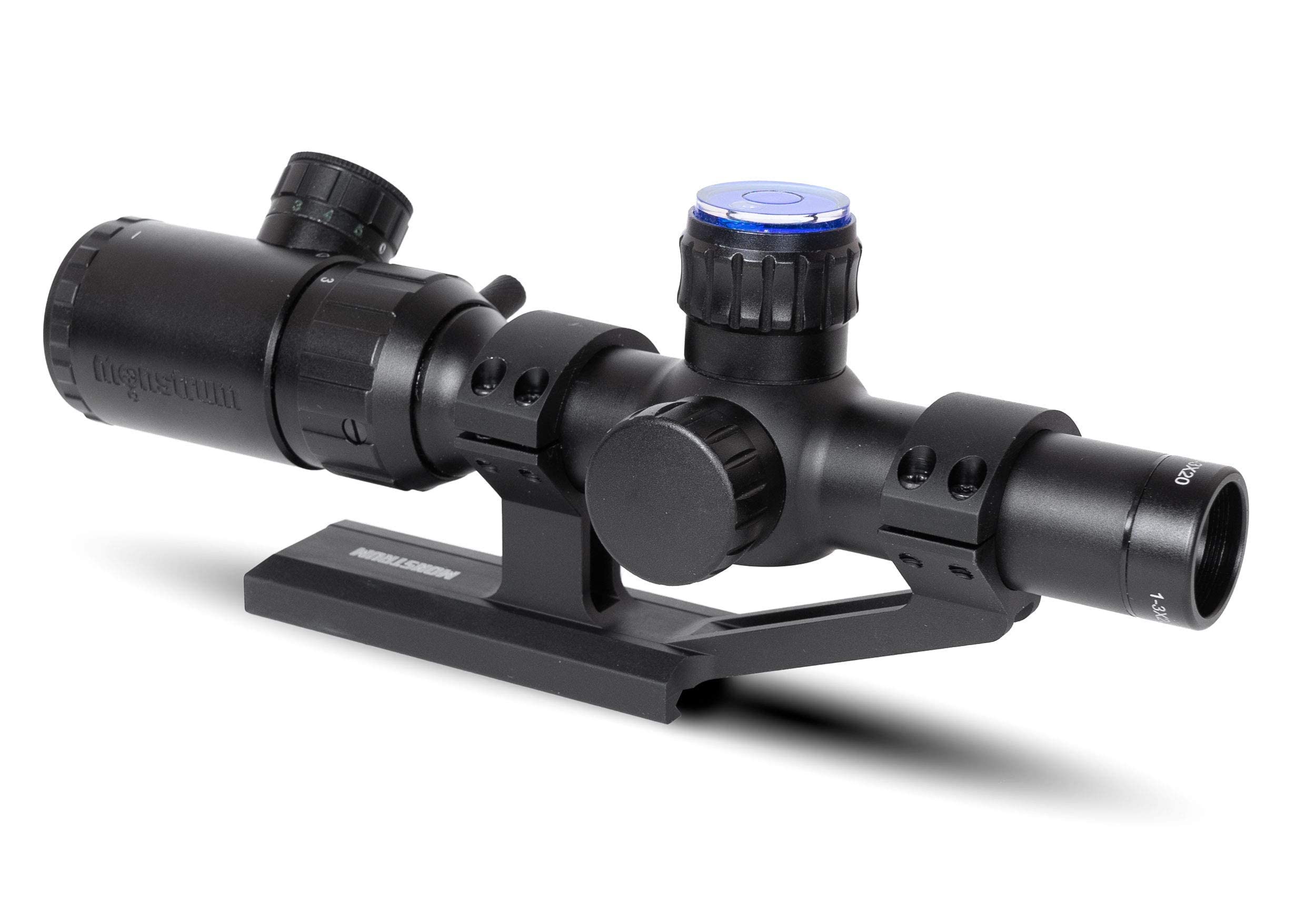 Monstrum 1-3x20 Rifle Scope with Rangefinder Reticle | ZR255 H-Series Offset Scope Mount | Bundle
