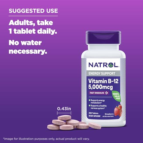 Natrol Vitamin B-12 5000mcg, Dietary Supplement for Cellular Energy Production & Healthy Nervous System Support, 200 Strawberry-Flavored Fast Dissolve Tablets, 200 Day Supply