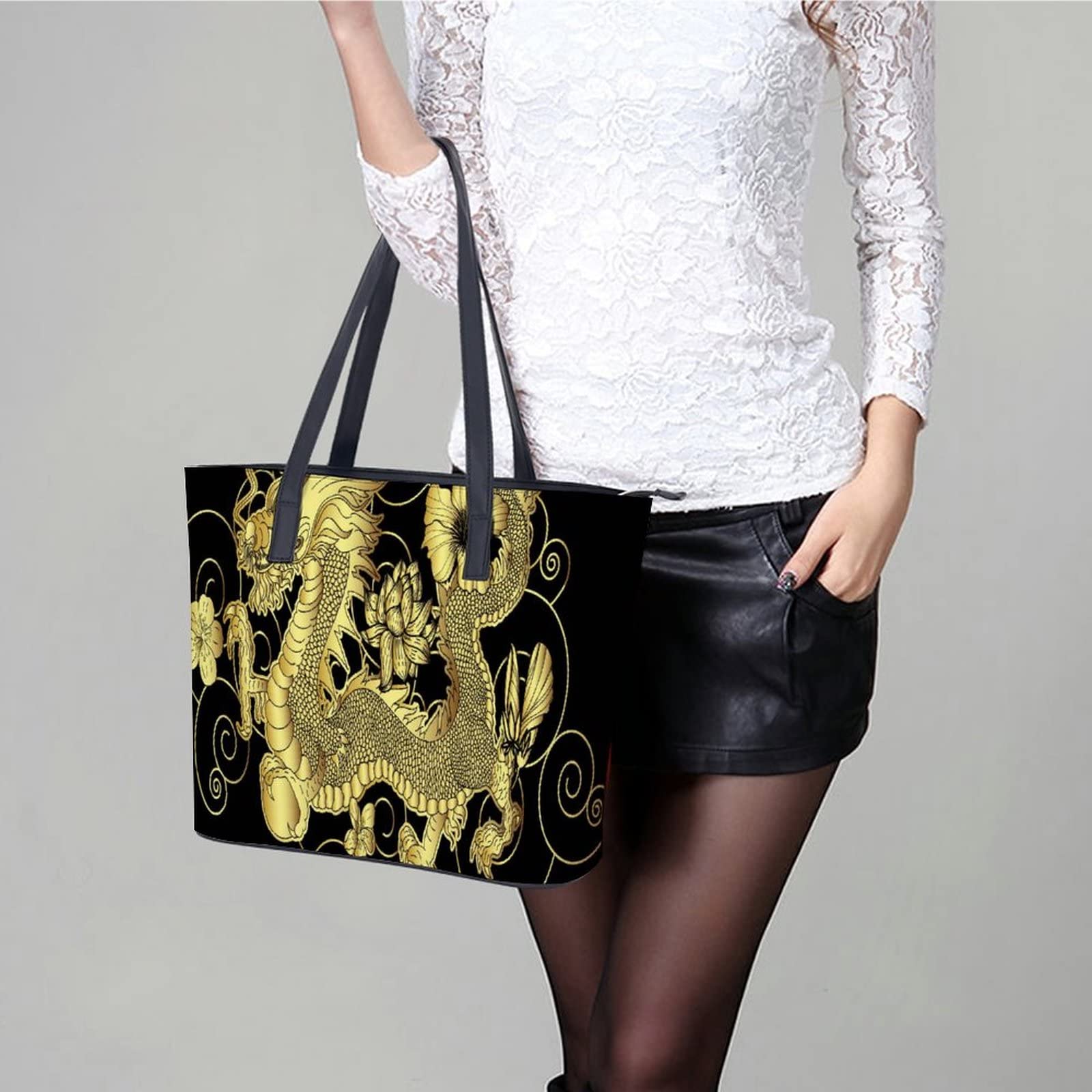 Womens Handbag Golden Dragon Leather Tote Bag Top Handle Satchel Bags For Lady
