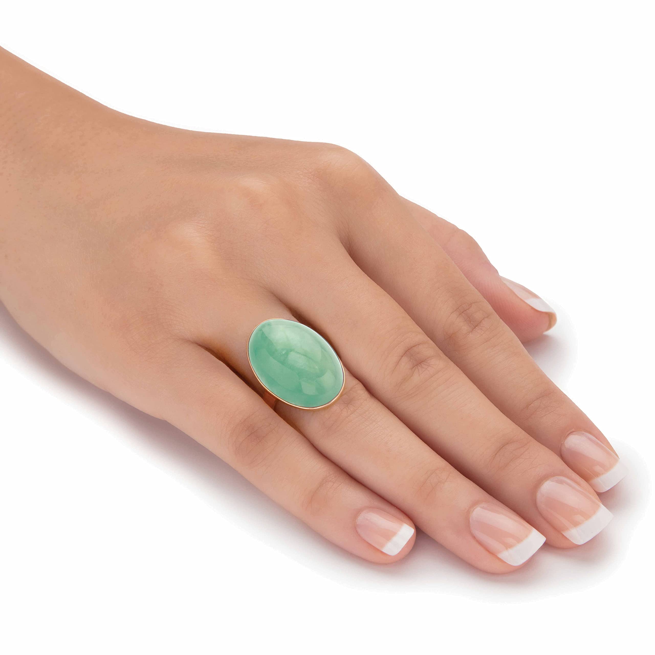 PalmBeach Jewelry 14K Yellow Gold Plated Sterling Silver Oval Shaped Genuine Aquamarine or Green Jade Cabochon Ring Size 8
