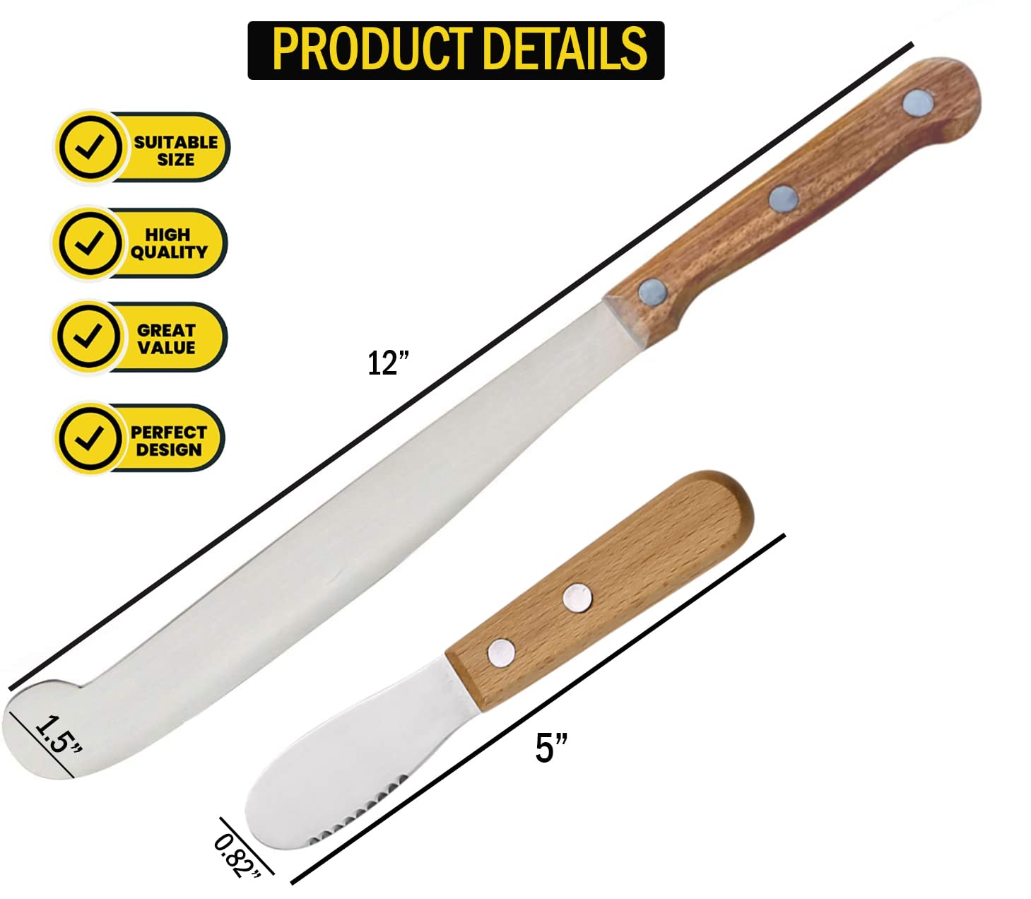 Performore 2PCS Spreader Knives, 12โ Peanut Butter Knife that Works Great with Jars and 5โ Short Spreading Knife, Stainless Steel Spatulas with Wooden Handle Spreader Set