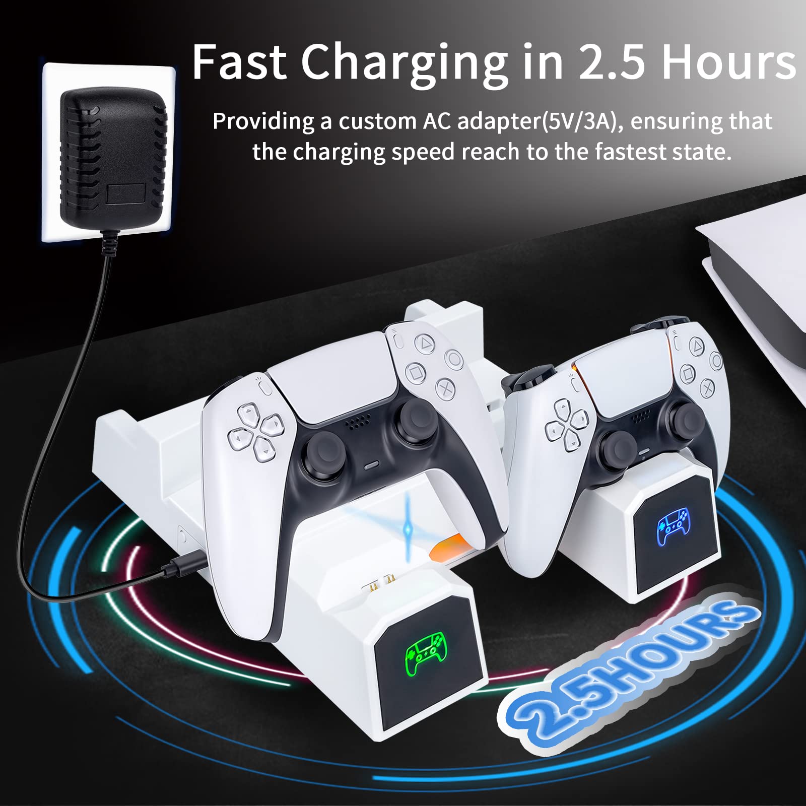 PS5 Cooling Station with Controller Charger for Disc & Digital Version, Playstation 5 Vertical Cooling Stand with Cooler Fan, PS5 Charging Station, Playstation 5 Cooling Station with 12 Game Slots