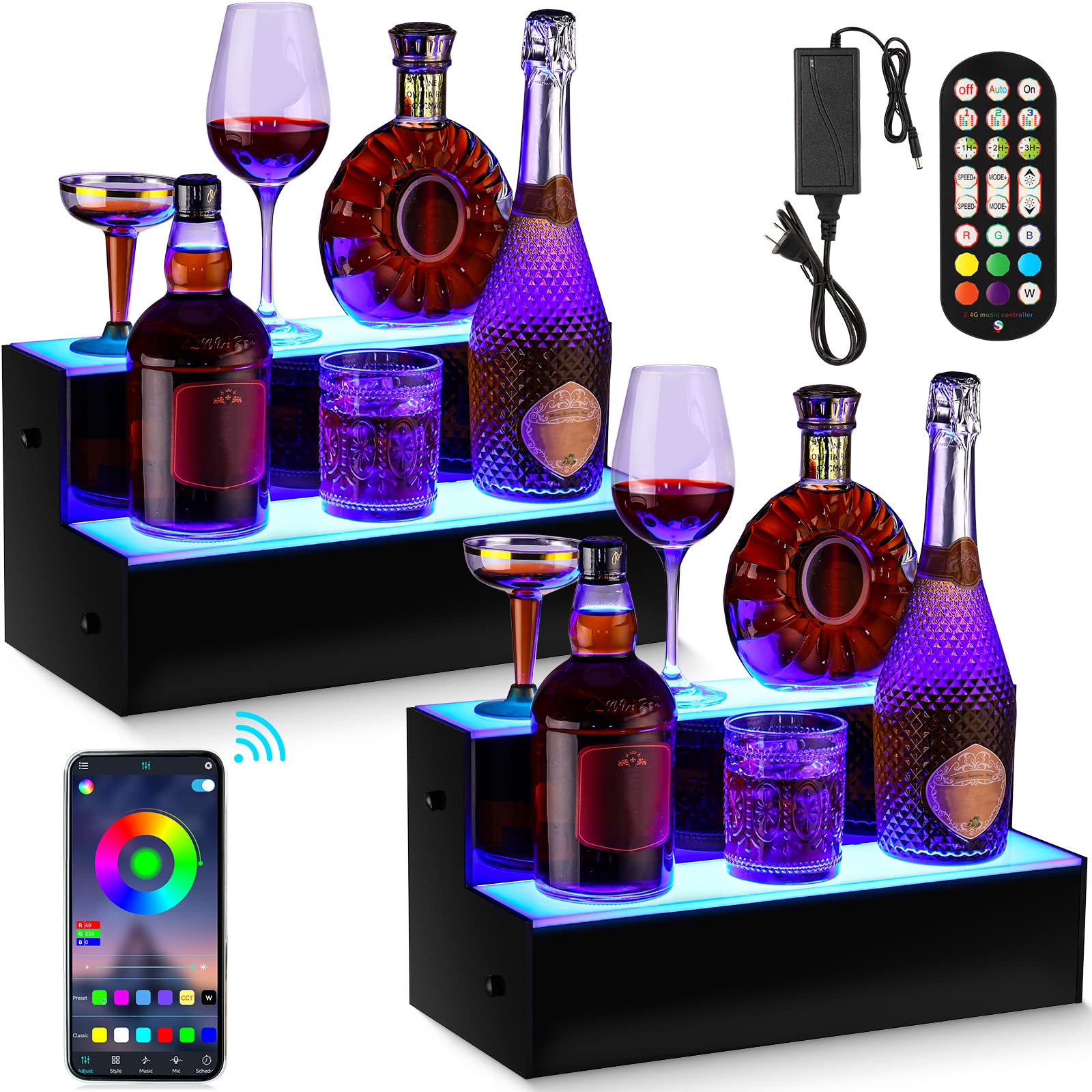 Qunclay 2 Pcs LED Lighted Liquor Bottle Display Bar Shelf 16 Inch 2 Step Illuminated Bar Bottle Alcohol Shelves for Home Bar Commercial Counterparty Acrylic Whiskey Rack Stand with Remote App Control