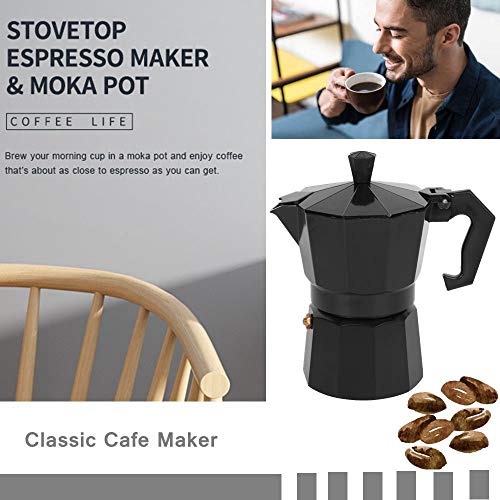 Stovetop Espresso Maker, Classic Stovetop Espresso Maker 6‑Cup Capacity Aluminum Coffee Machine Moka Pot for Office Home Use Moka Maker for Gas or Electric Stove Top(Black)