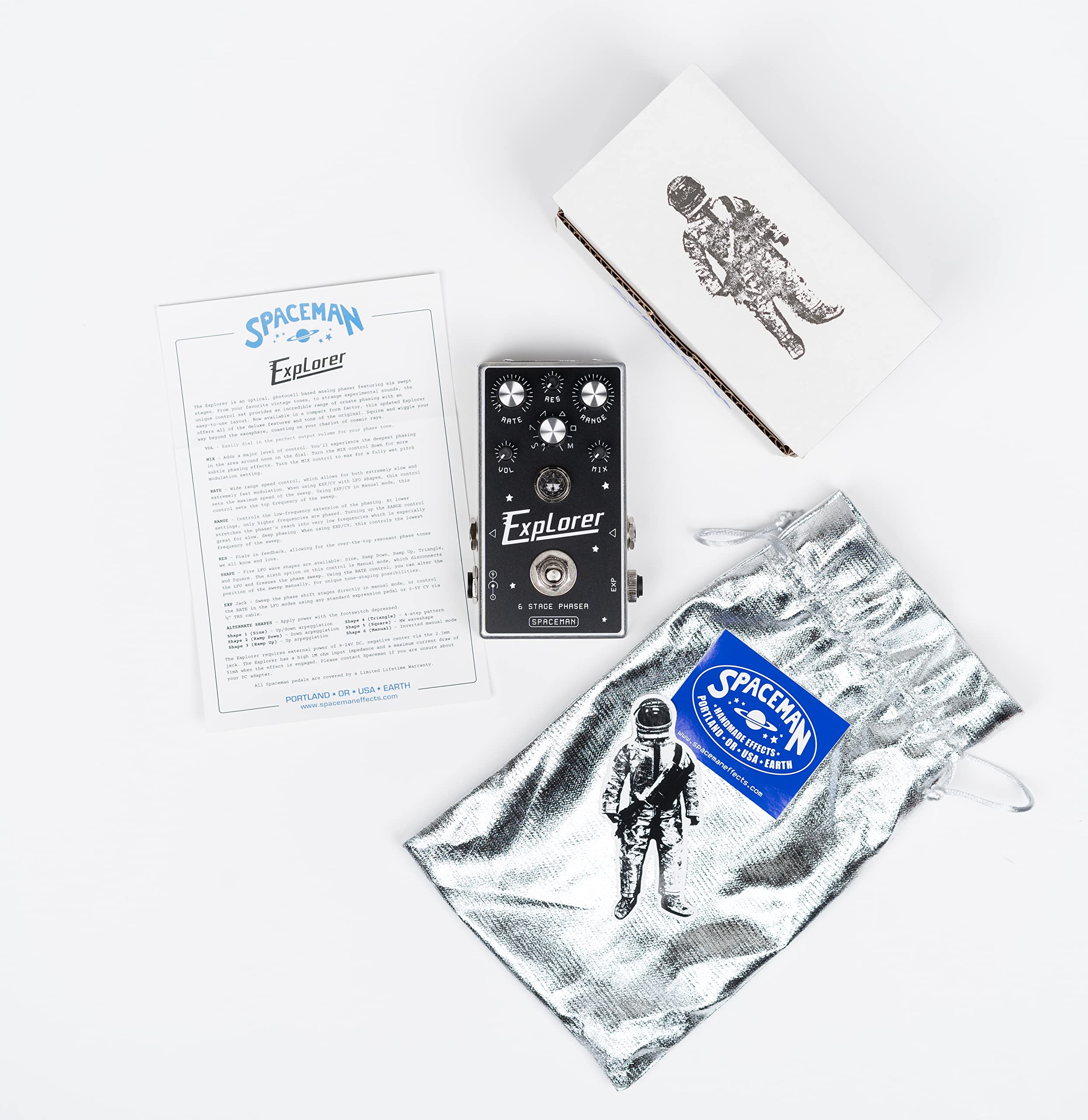 Spaceman Explorer: 6 Stage Phaser Guitar Effects Pedal - Standard Edition Silver with 12 Modulation Modes, Rate, Range, Resonance, Volume, Mix and Expression Controls