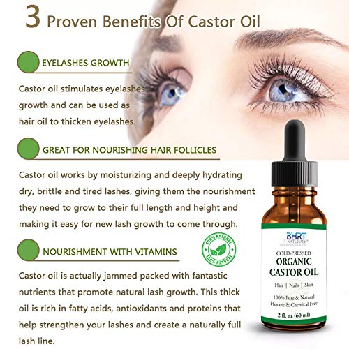 Organic Castor Oil for Eyelashes and Eyebrows With Applicator Kit - 100% Pure, Cold Pressed, Hexane Free - Stimulate Growth for Eyelashes, Eyebrows, Hair - 2 Ounces (60 ML)