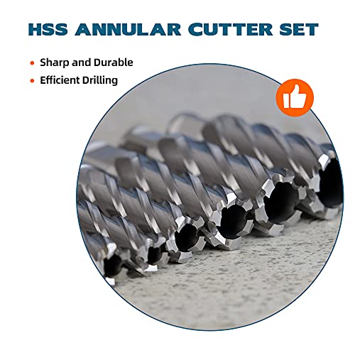 XINCHENG PRECISION Annular Cutter Set 6pcs 3/4 Inch Weldon Shank 2 Inch Cutting Depth 9/16” to 1-1/16 Cutting Diameter M2AL HSS Kit for Magnetic Drill Press with 1 Pilot Pins